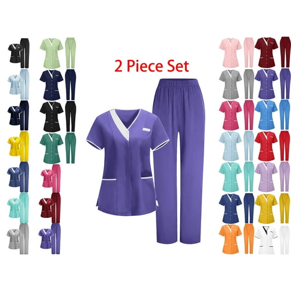 DJDLJWCJ Women Scrub Sets 2 Pieces Comfy V-Neck Short Sleeve Button ...