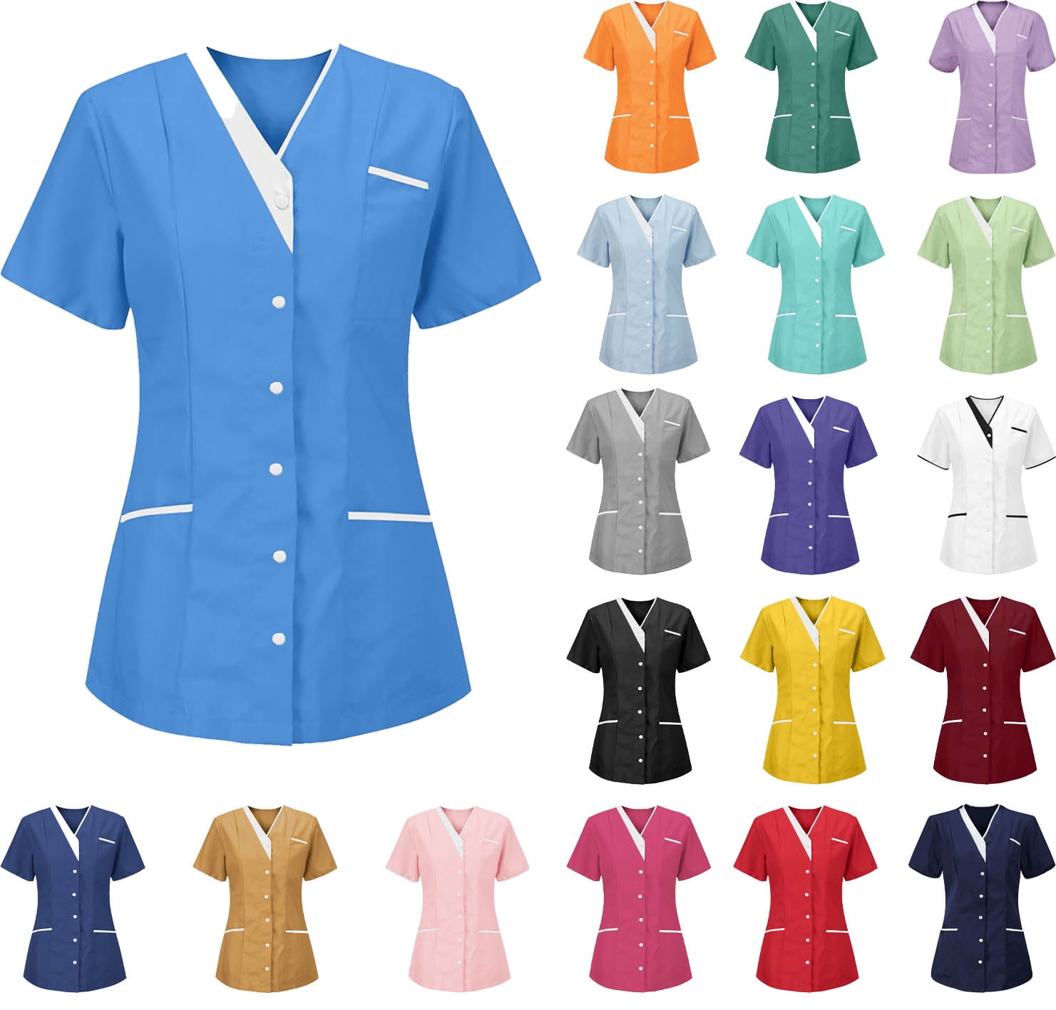 DJDLJWCJ Women Scrub Tops Button V-Neck Short Sleeve Caregiver Tops ...