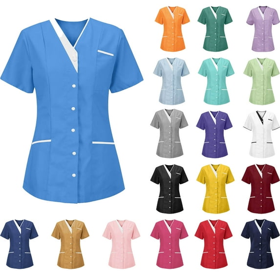 DJDLJWCJ Women Scrub Tops Button V-Neck Short Sleeve Caregiver Tops ...