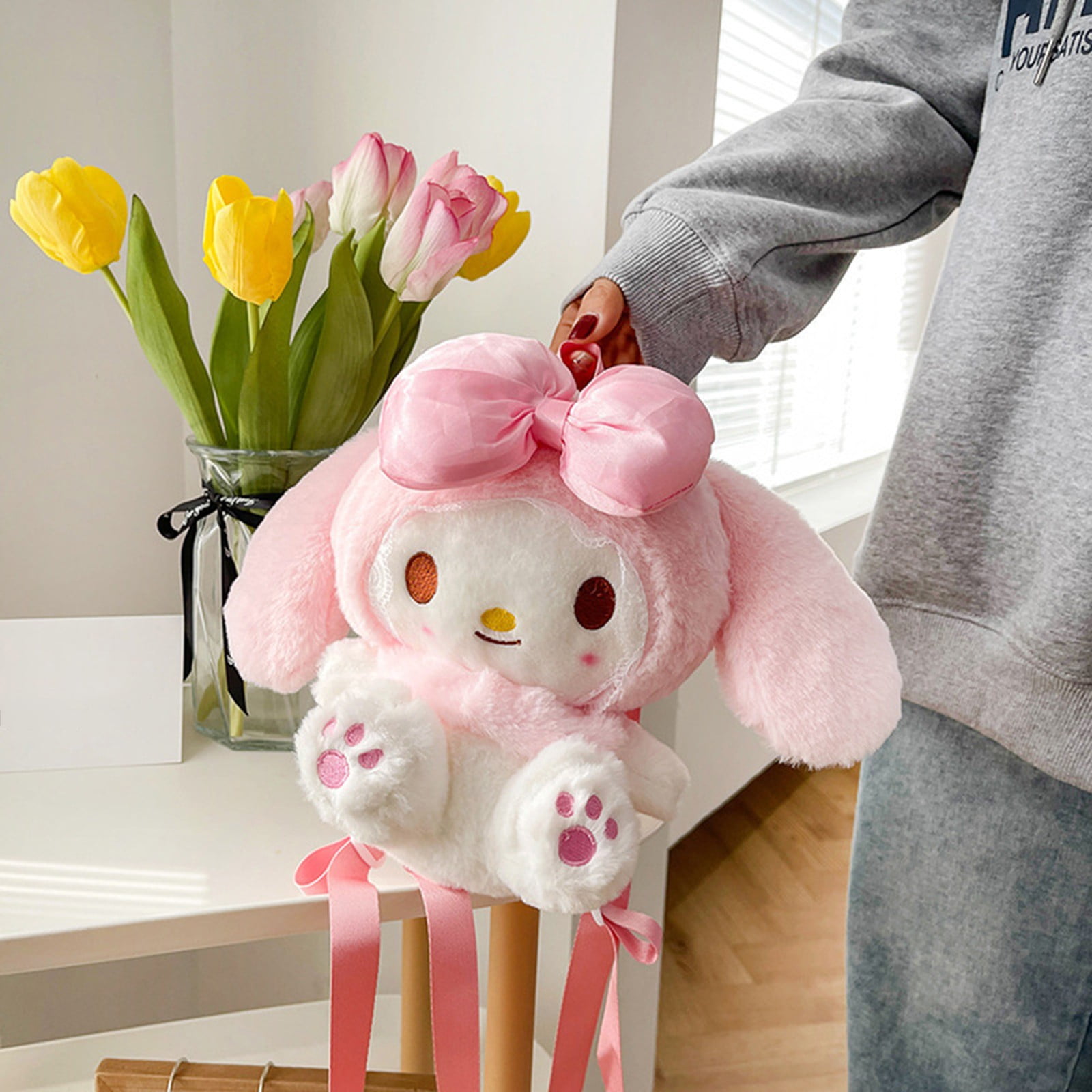DJKDJL 9.8" My Melody Plush Backpack, Cute Plush Bag with Bow and Bunny ...