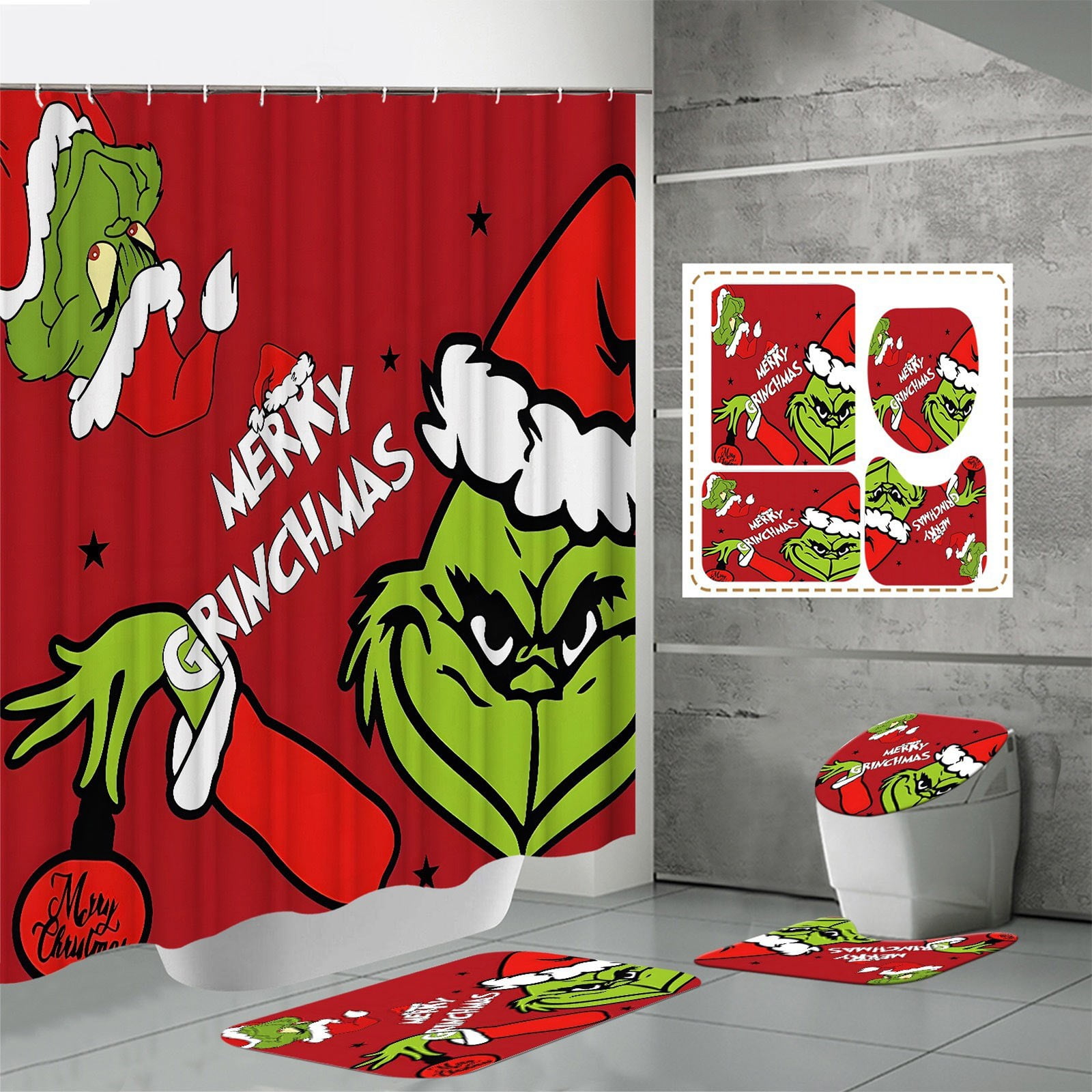 DJKDJL Set of 4 The Grinch Fabric Shower Curtain, Carpet Christmas Tree ...