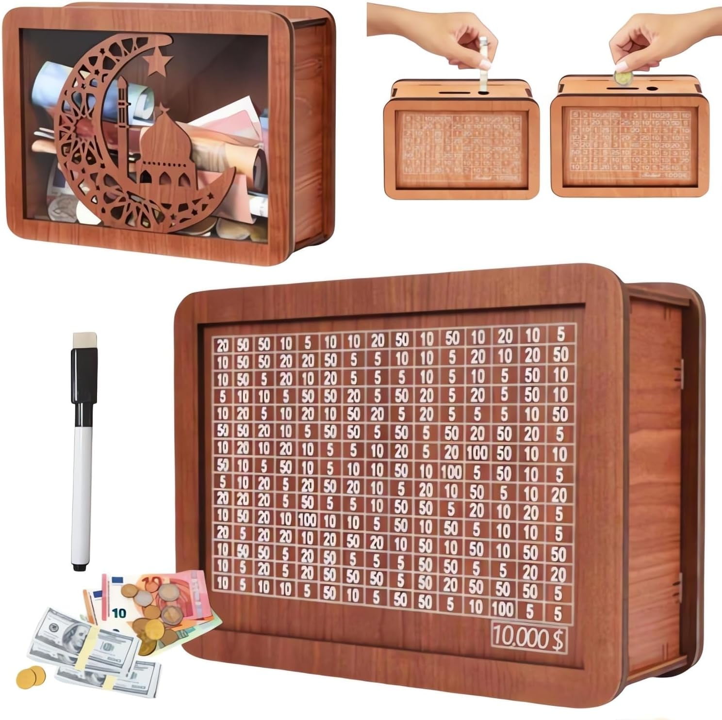 DJKDJL Wooden Money Box with Savings Target and Numbers, Reusable Money ...