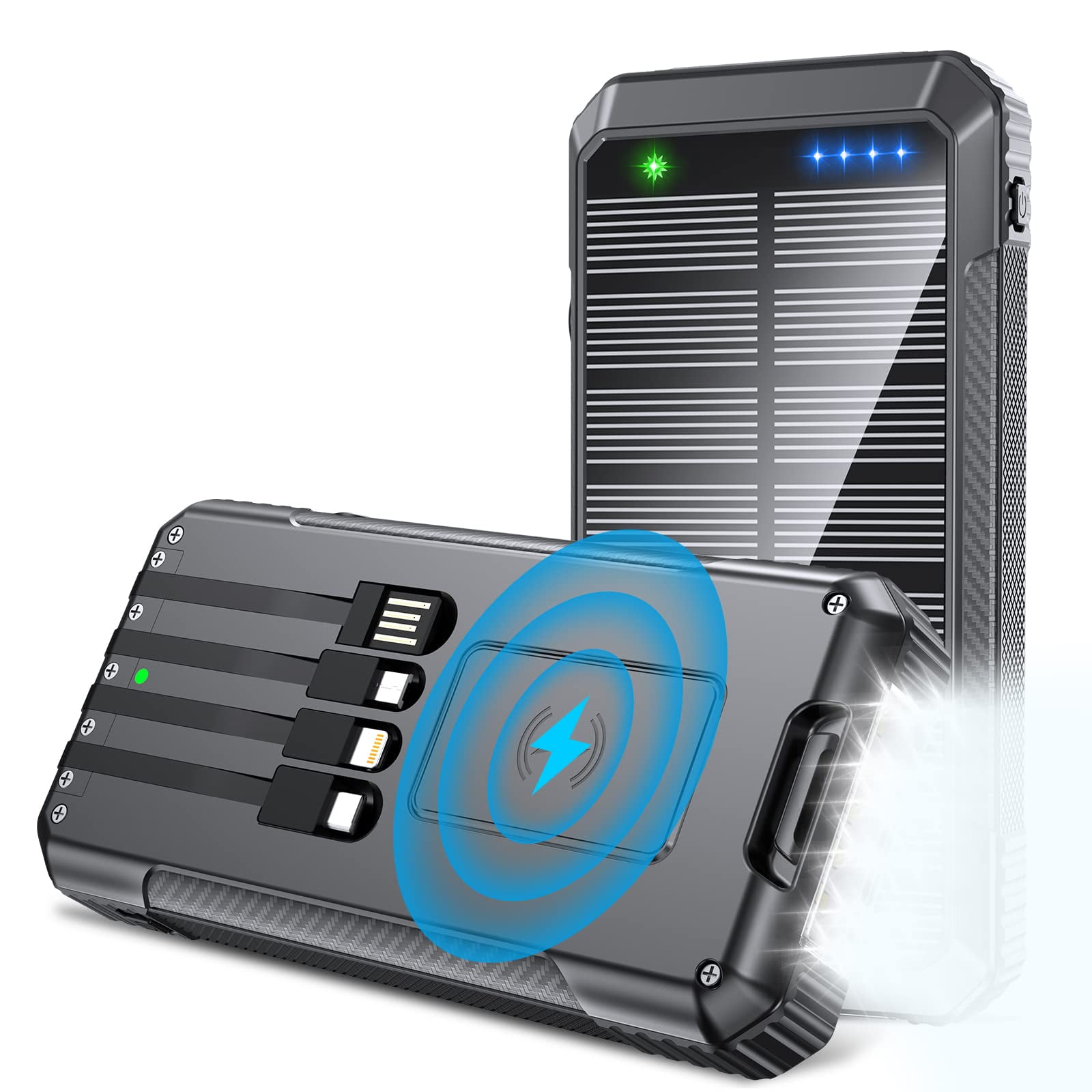 DJKK Solar Power Bank Wireless Charger 33800mAh Built 4 Cables and LED ...