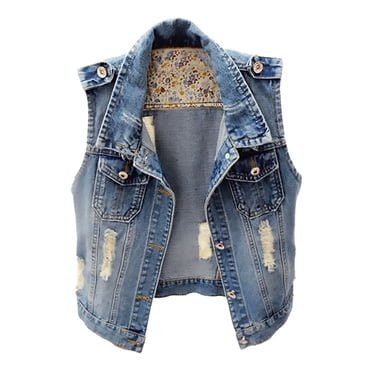 FashionMille Women's Buttoned Sleeveless Slim Fit Trucker Washed ...