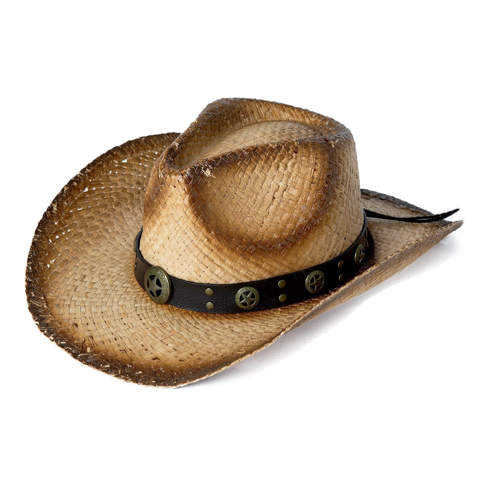 DJM Cowboy Hats for Men Western Style Round Up Straw Beach Hat Fedora ...