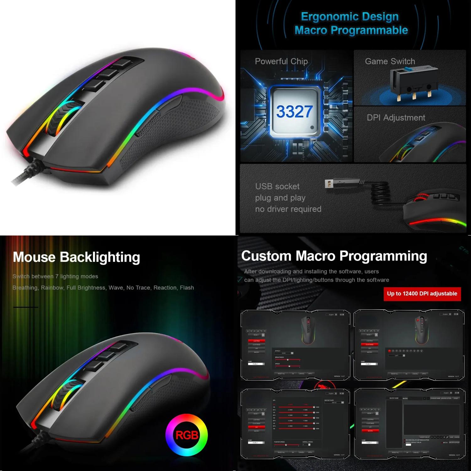 DJNRUI Highly customizable Programmable RGB COBRA M711 Wired Gaming Mouse with 12400 DPI for ...