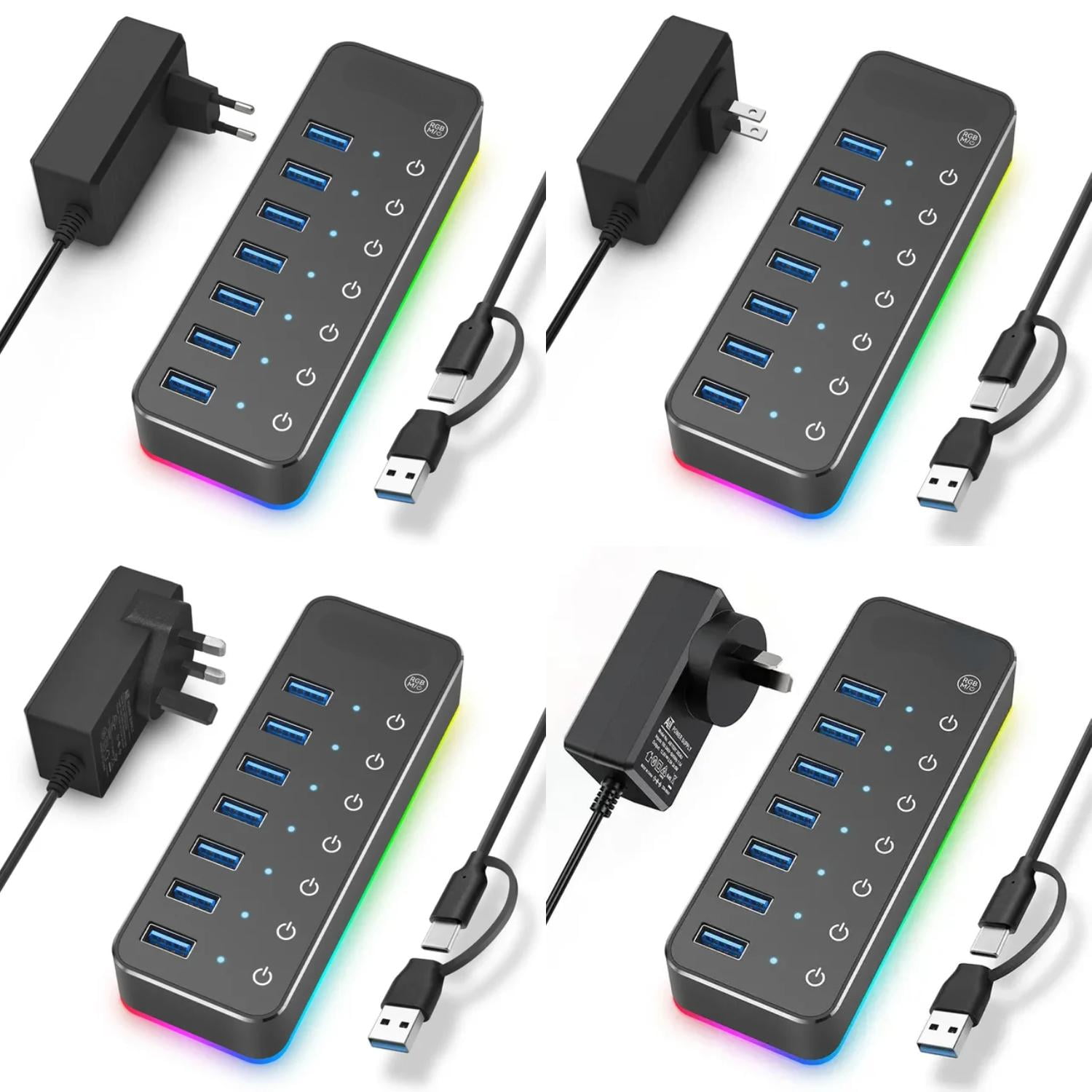 DJNRUI Powered 5Gbps USB C Hub 7 Port USB3.0 14 RGB LED Strip 20W Power ...