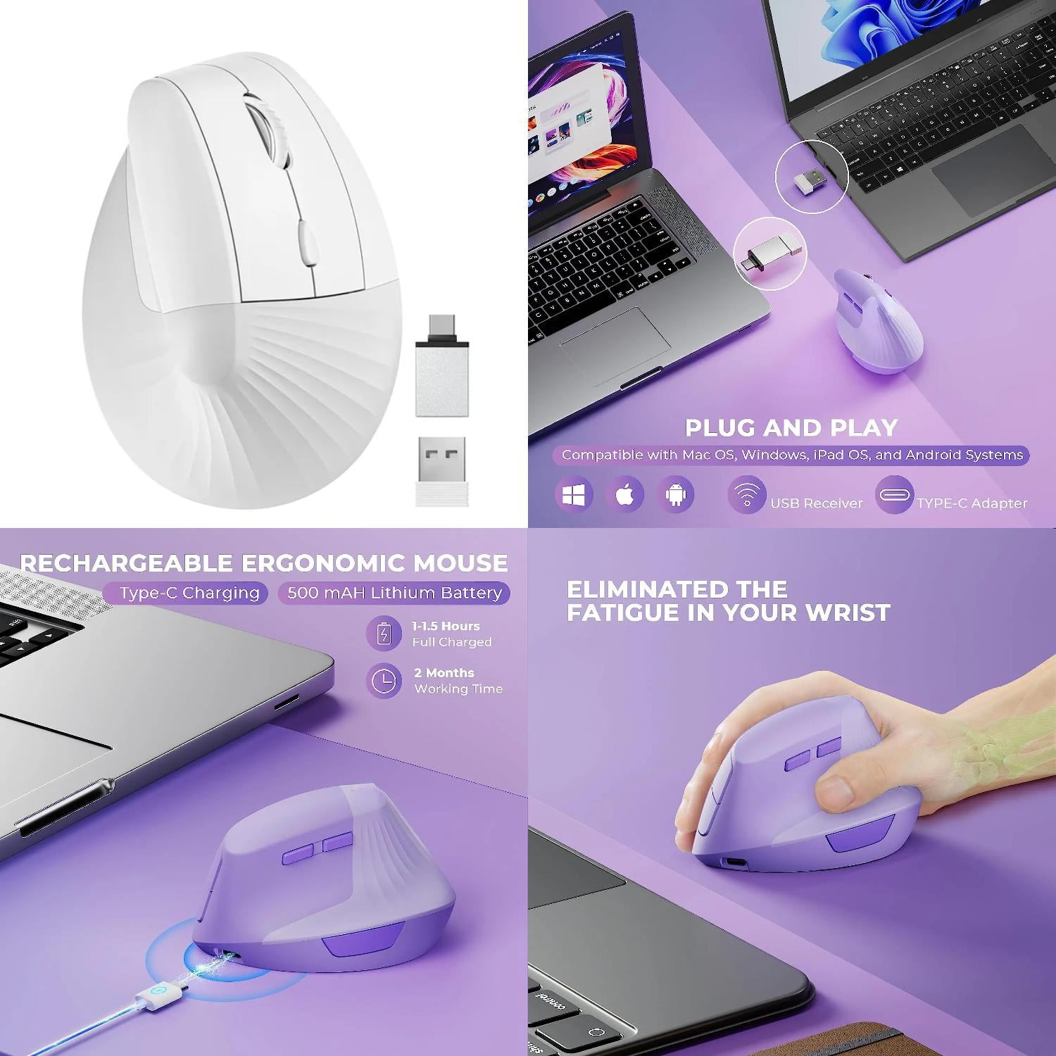 DJNRUI Wireless Vertical Mouse Rechargeable Quiet Ergo 57° Tilt ...