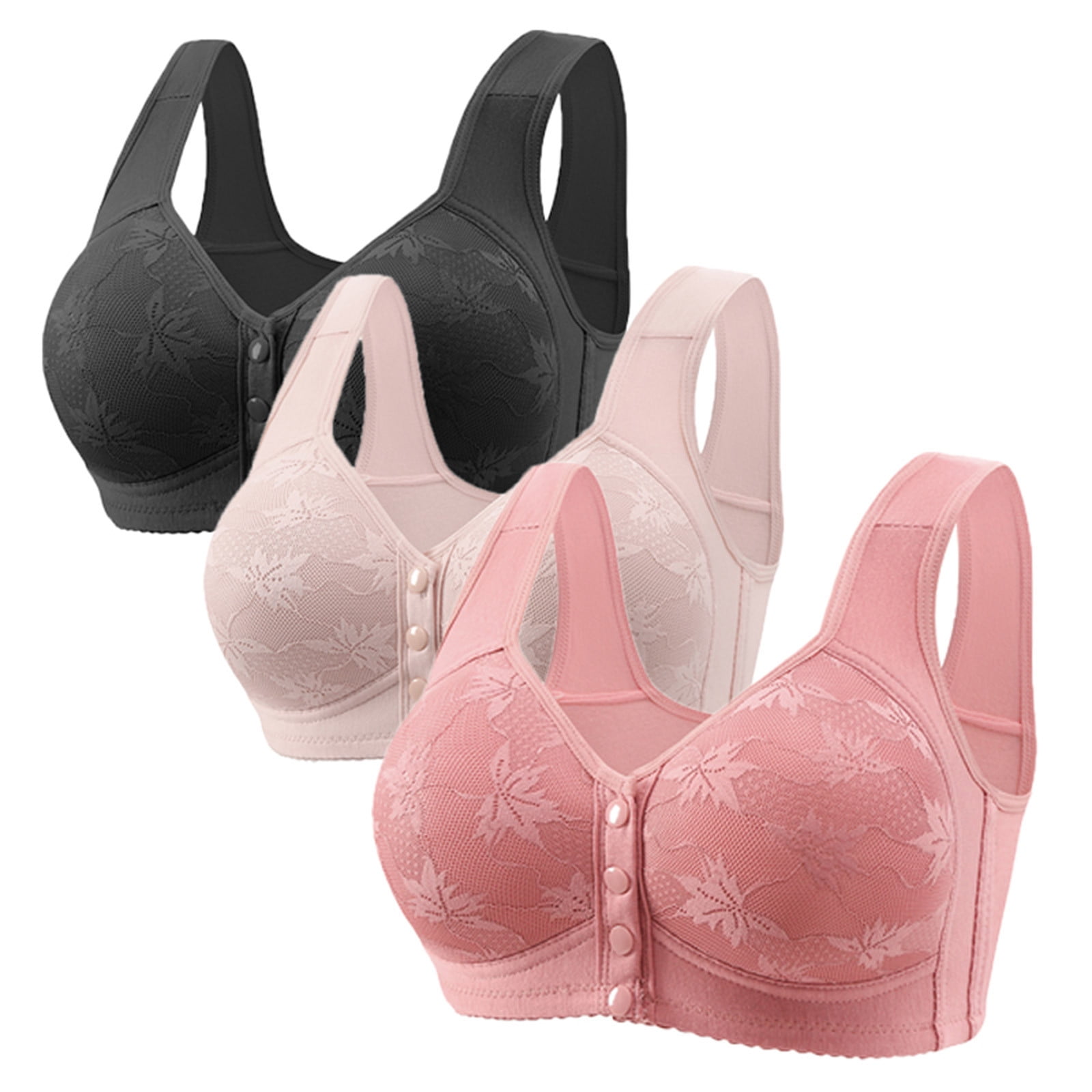 DJskiyers 3 Pack Front Closure Bras for Older Women Daisy Snap Bra Soft ...