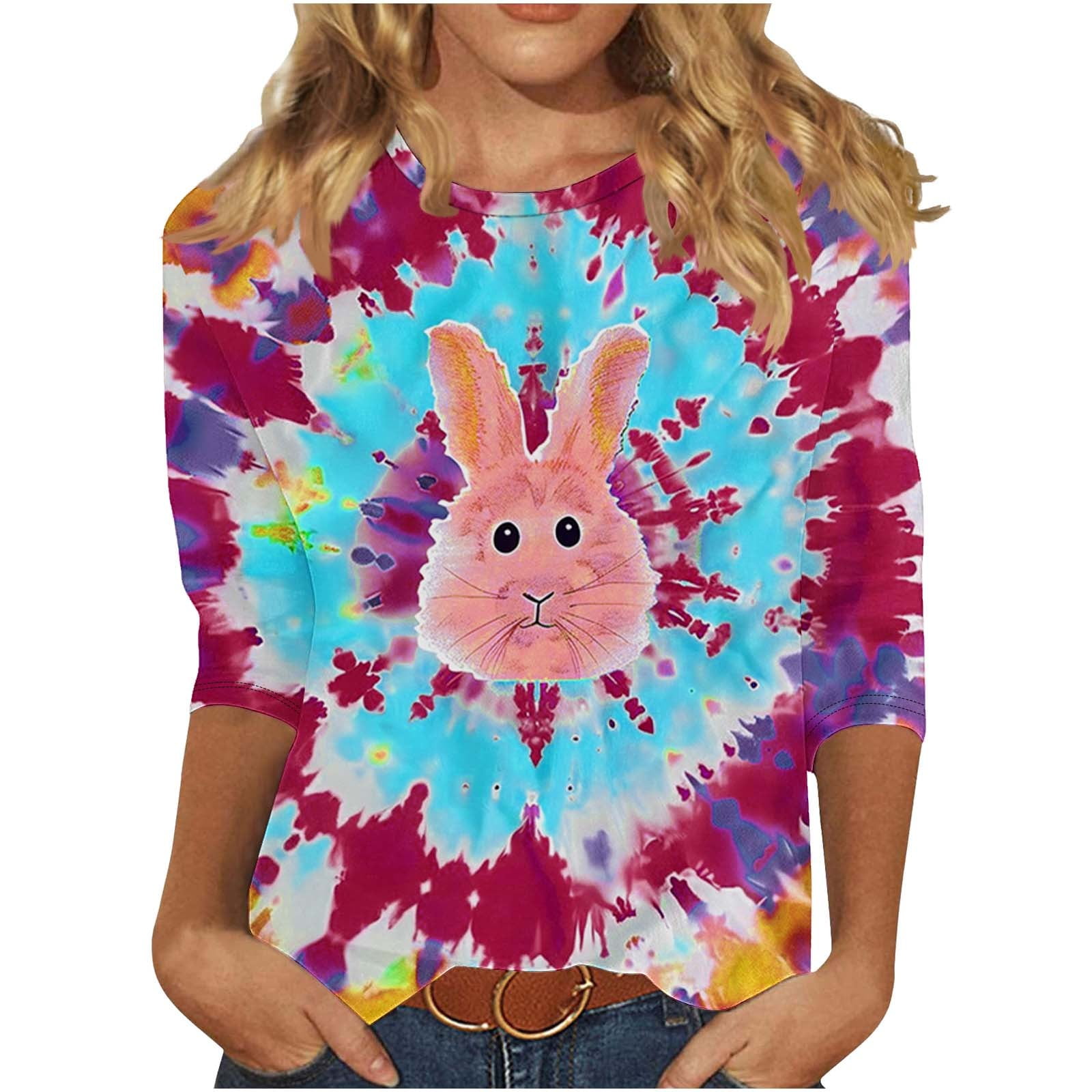 DJskiyers Easter Shirts for Women Rabbit Graphic Tees Tie Dye Casual ...