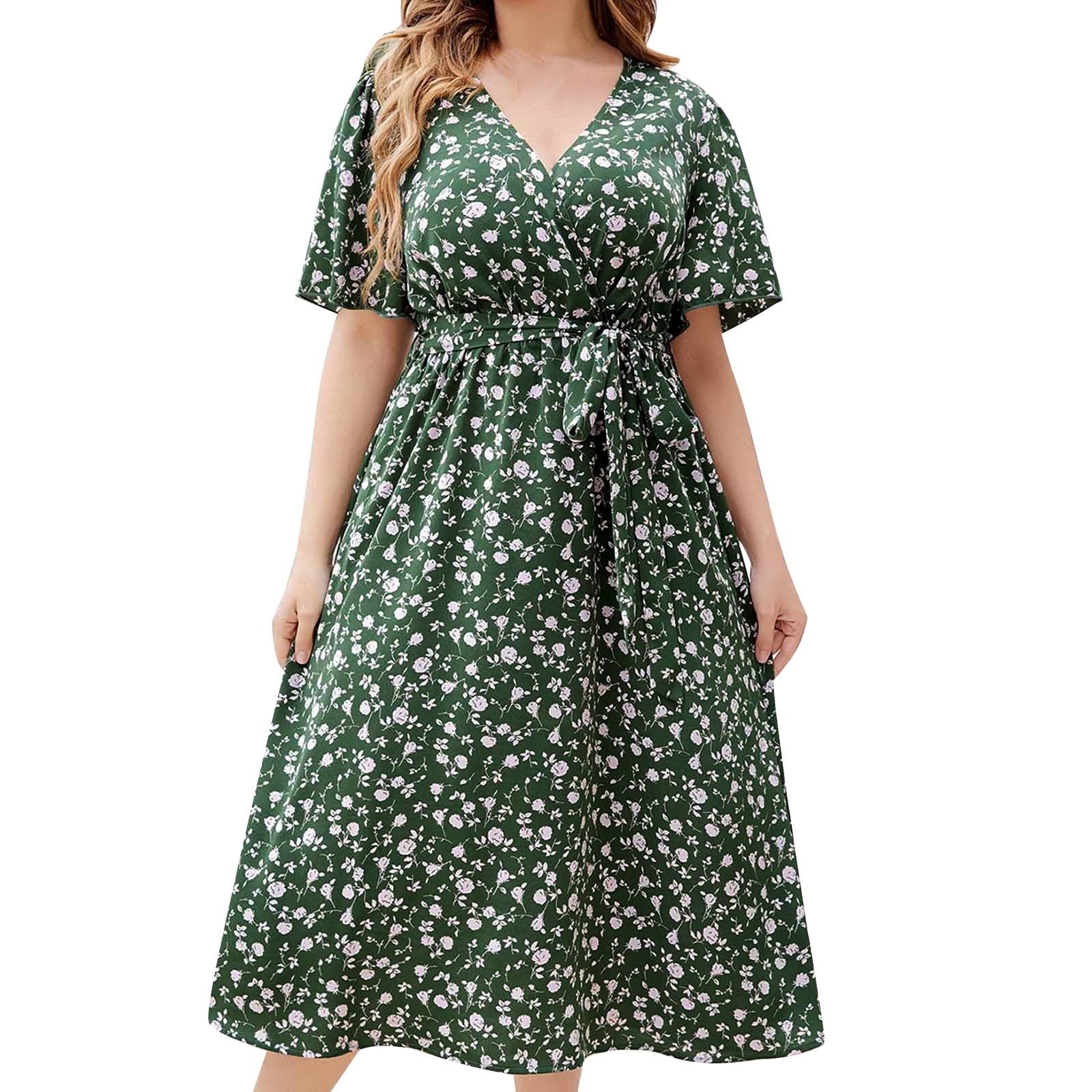DJskiyers Summer Midi Dresses For Women Floral Plus Size Dresses V Neck ...