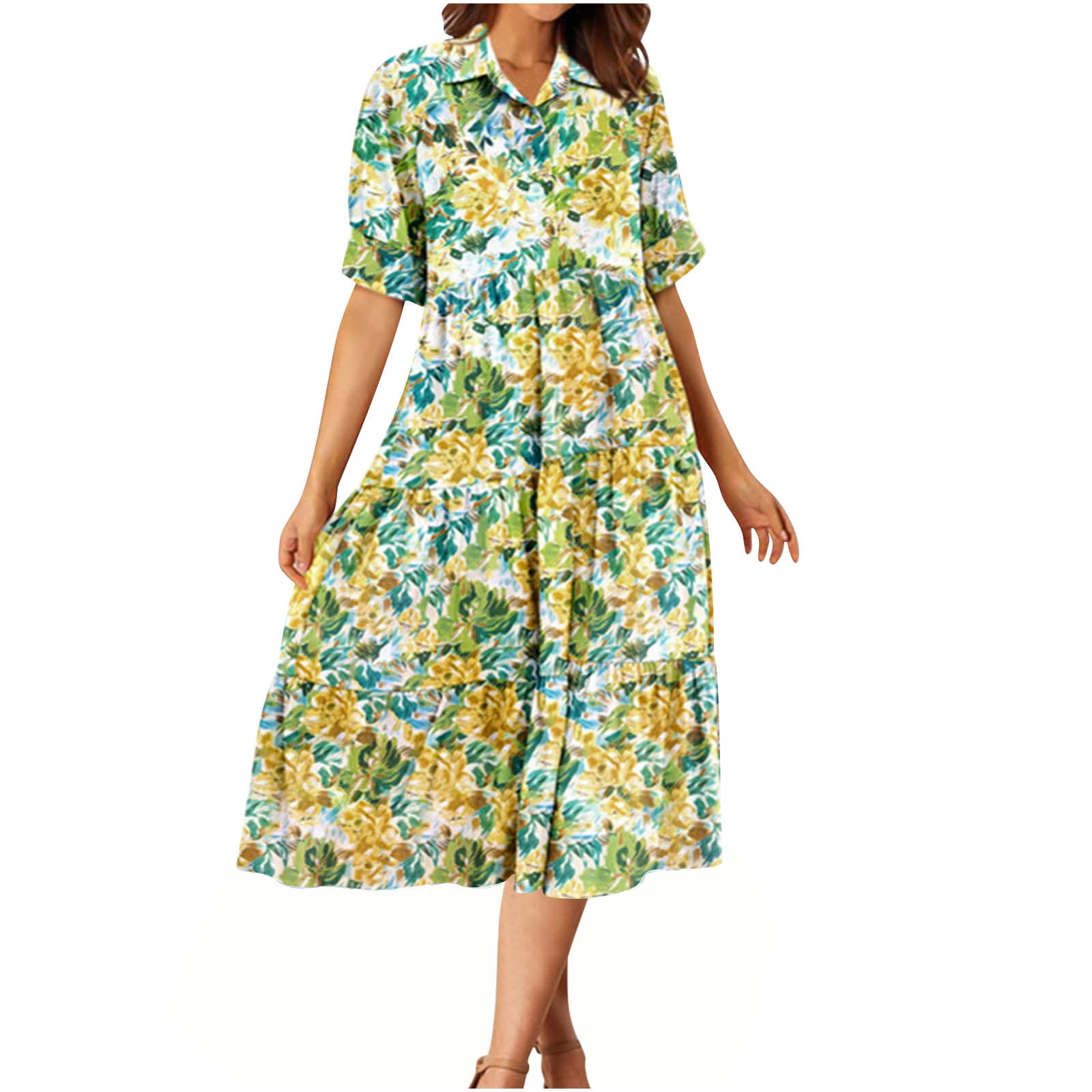 DJskiyers Summer Smocked Dress Women Floral Tropical Dress Button Down ...