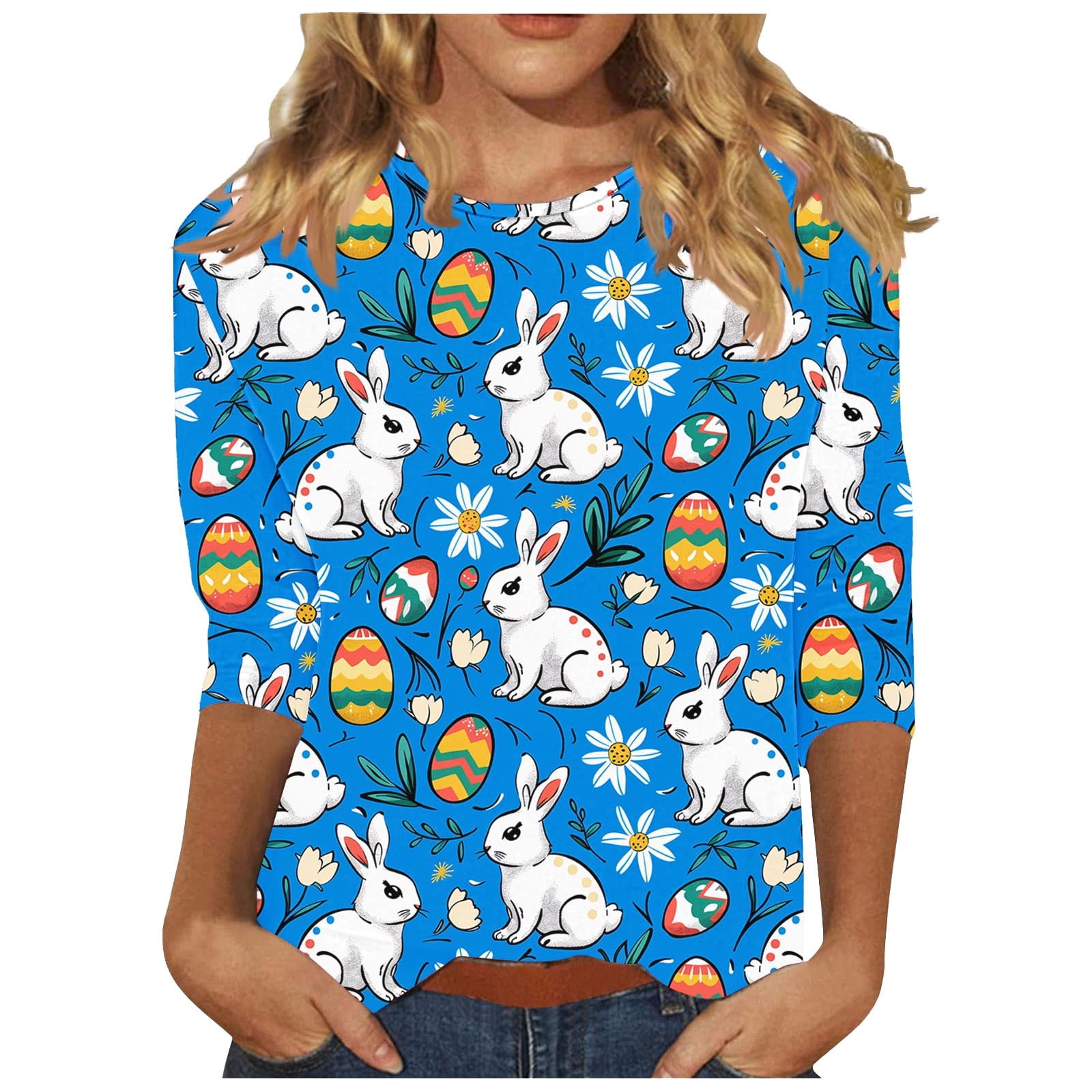 DJskiyers Women Funny Graphic Blouse Happy Easter Day Shirt 3/4 Sleeve ...