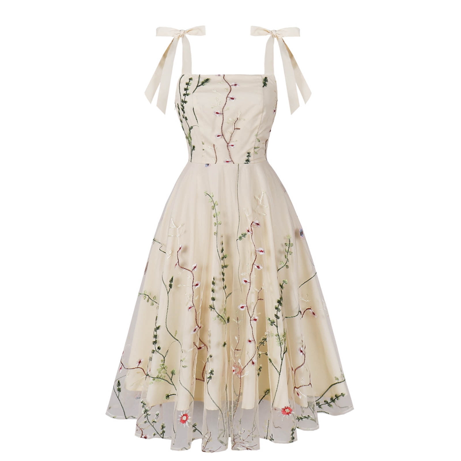 DJskiyers Women Tulle Flowy Dress Square Neck Tie Strap Prom Dress ...