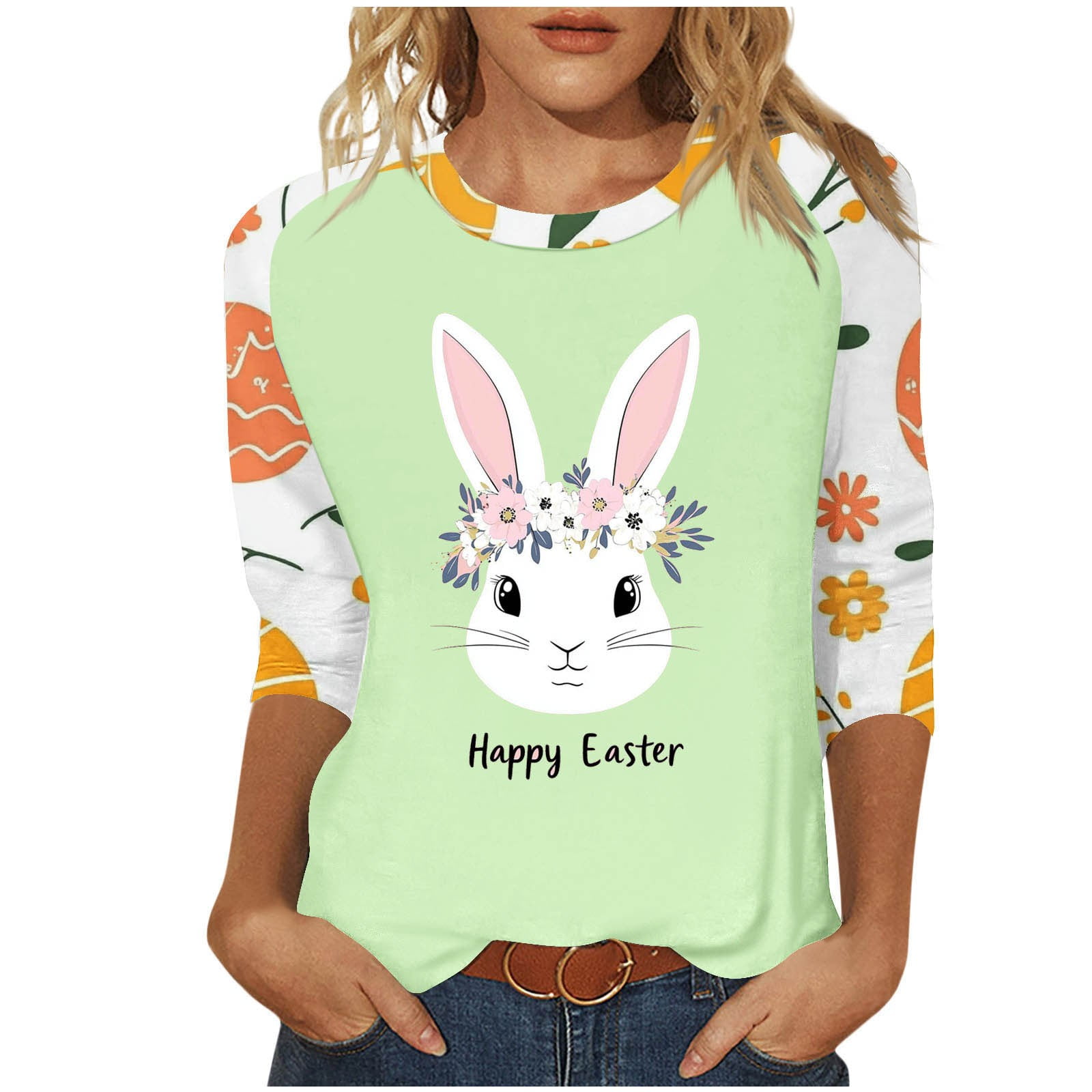 DJskiyers Women's Happy Easter Shirts 3/4 Length Sleeve Blouse Egg and ...