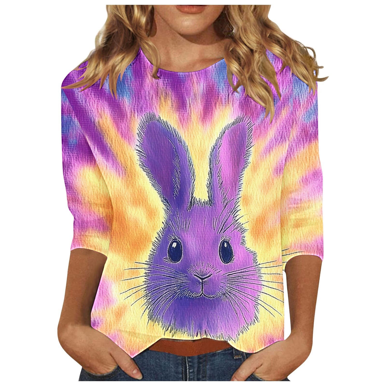 DJskiyers Womens 3/4 Sleeve Easter Shirts 2025 Crewneck Funny Bunny ...