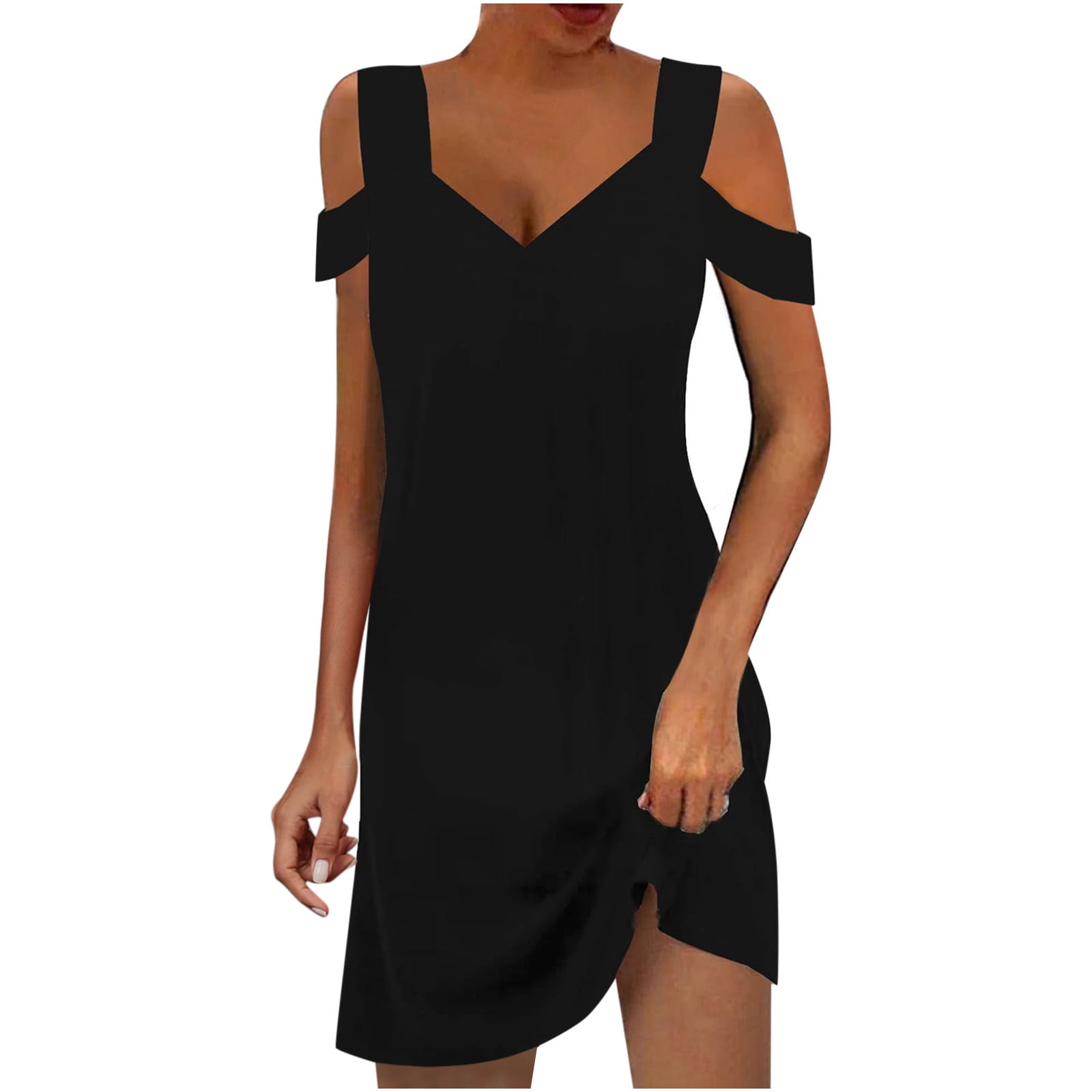 DJskiyers Womens Cold Shoulder Dress Fit Mini Dress V Neck Summer Dress ...