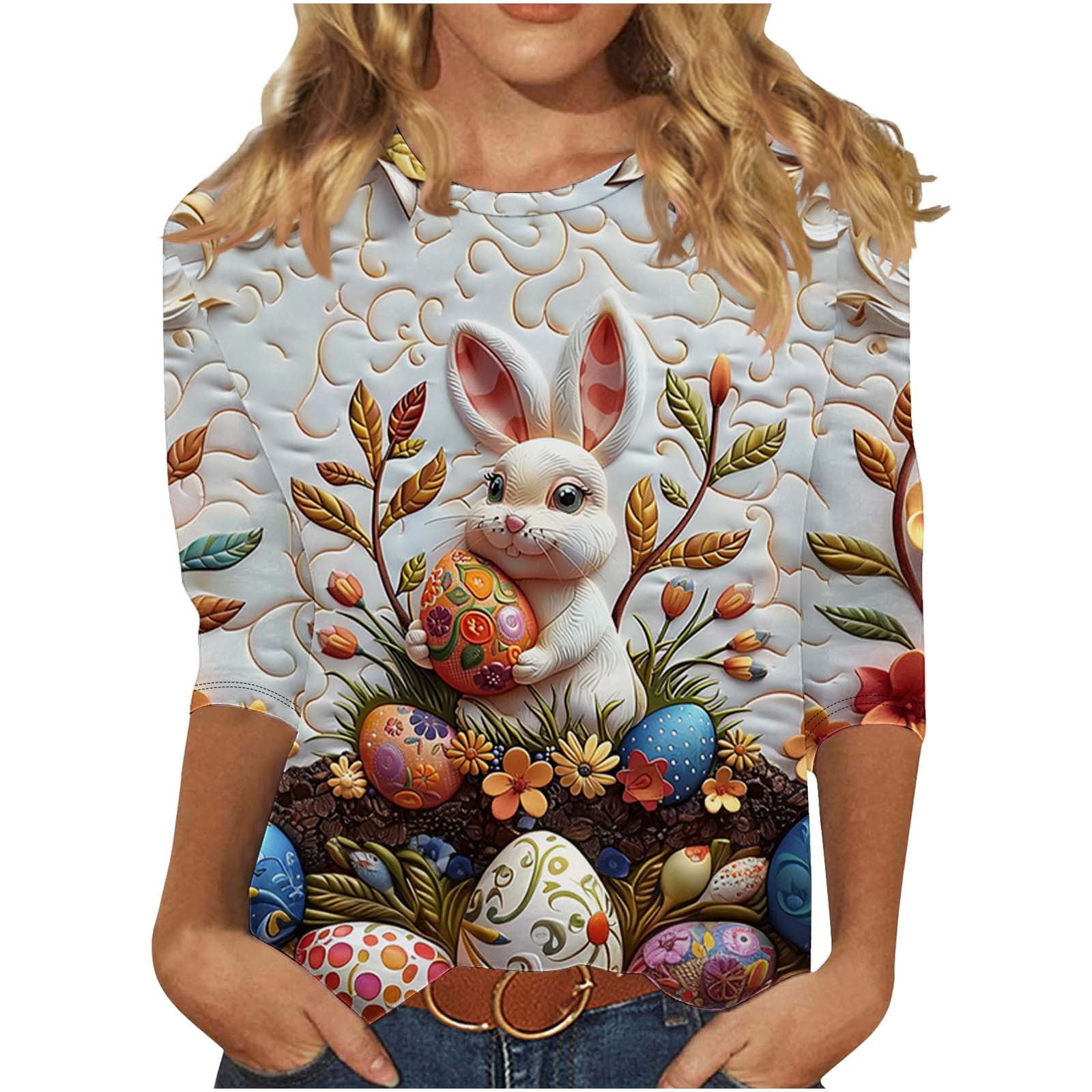 DJskiyers Womens Easter Tshirt Crew Neck Holiday Tops Bunny Print 3/4 ...
