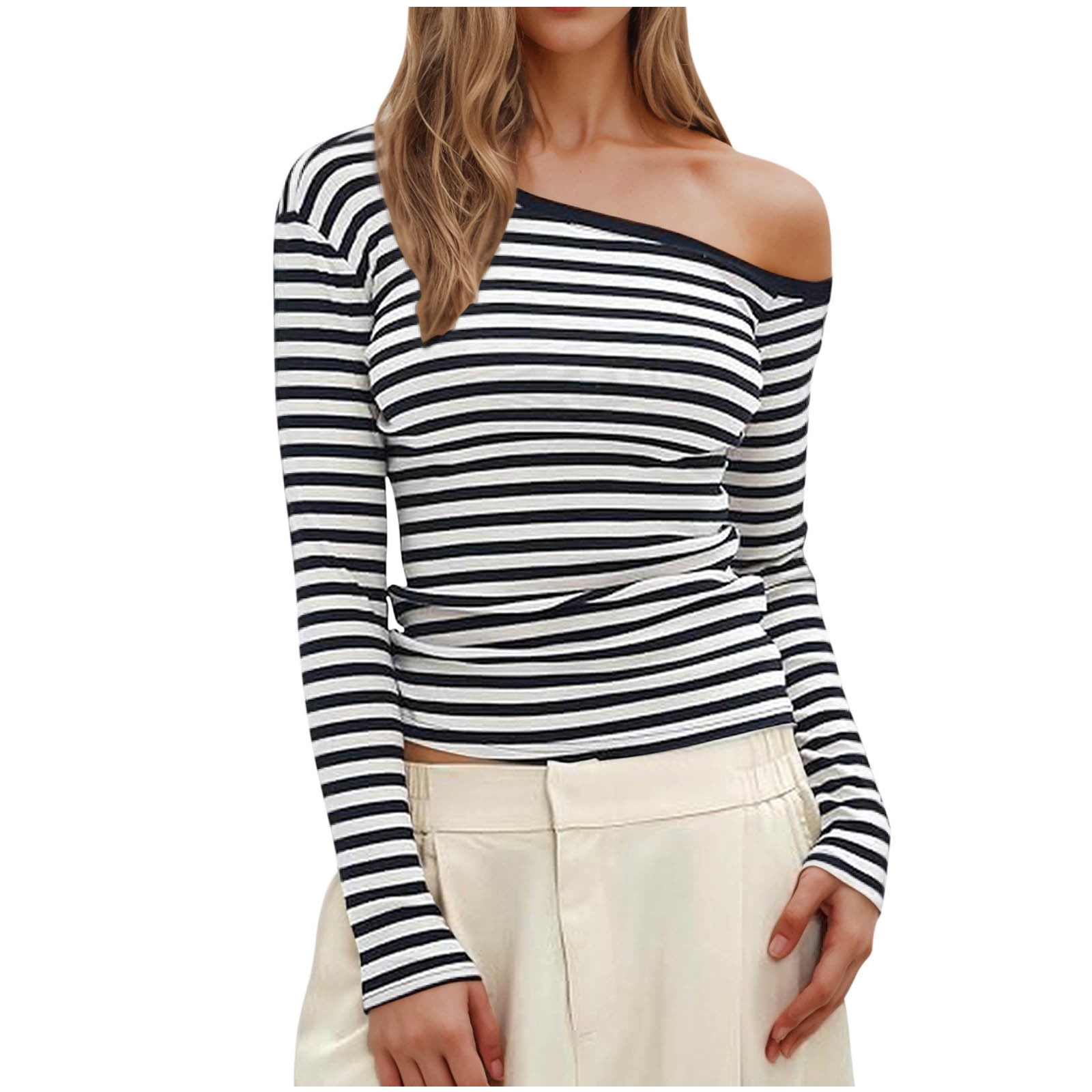 DJskiyers Womens Going Out Tops One Shoulder Shirts Tight Striped Tees Fitted Tshirts Long ...