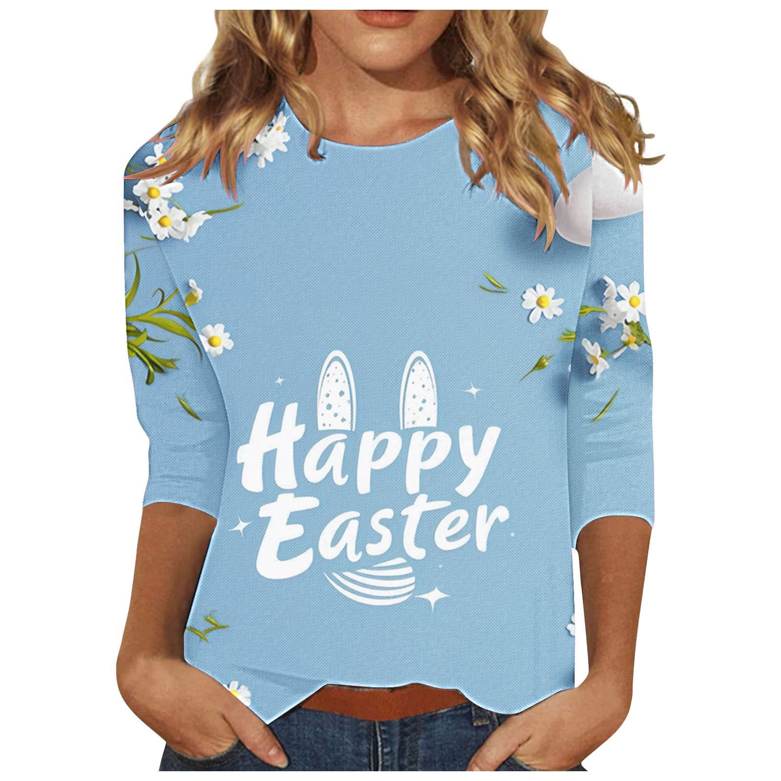 DJskiyers Womens Happy Easter 3/4 Sleeve Blouse Eggs Print Funny Tops ...