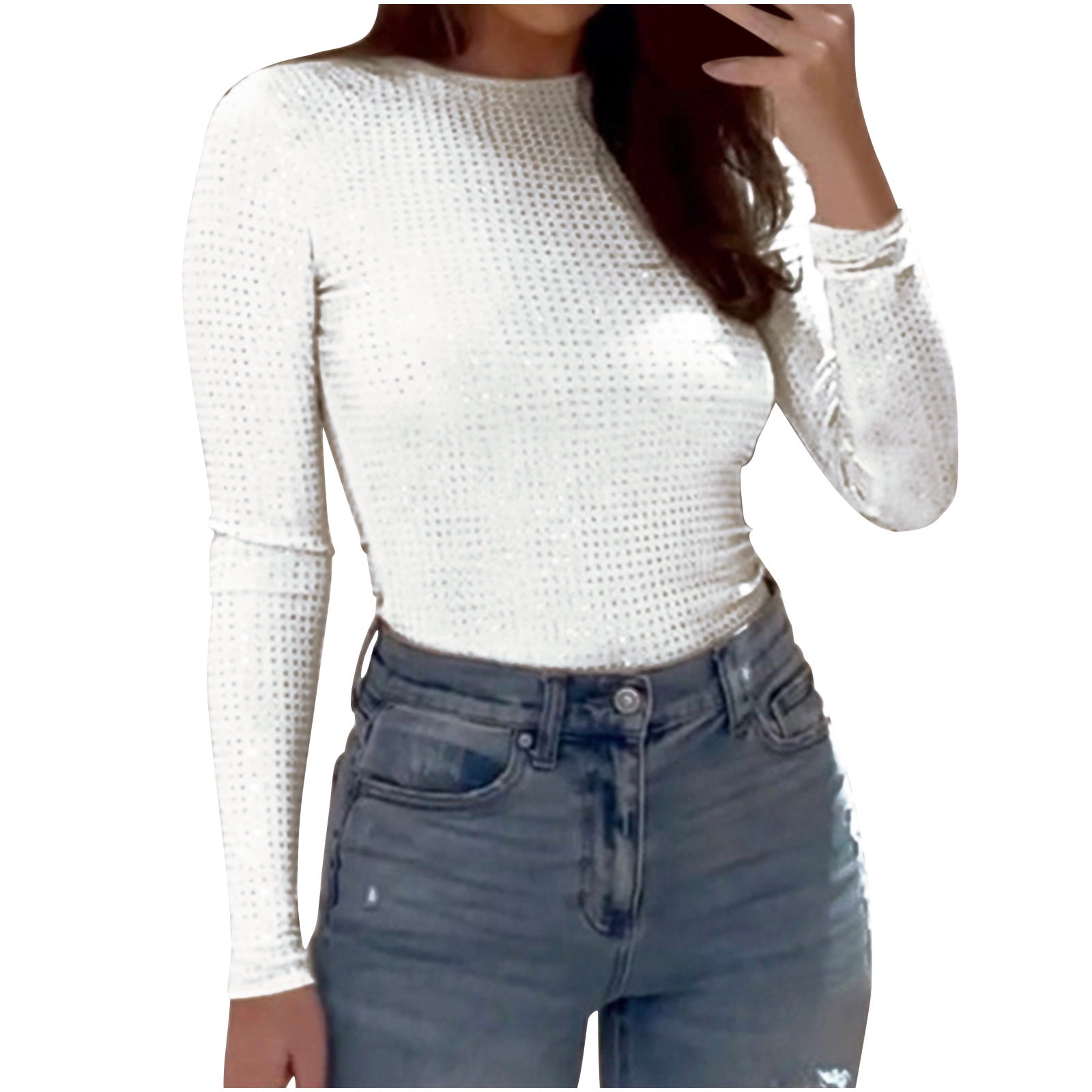DJskiyers Womens Sequin Tops Rhinestone Long Sleeve T Shirts Slim Fit ...