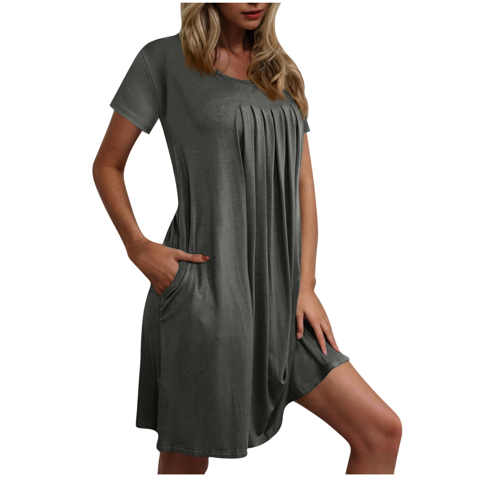 DJskiyers Womens Short Sleeve Pleated Dress Crewneck Casual Summer ...