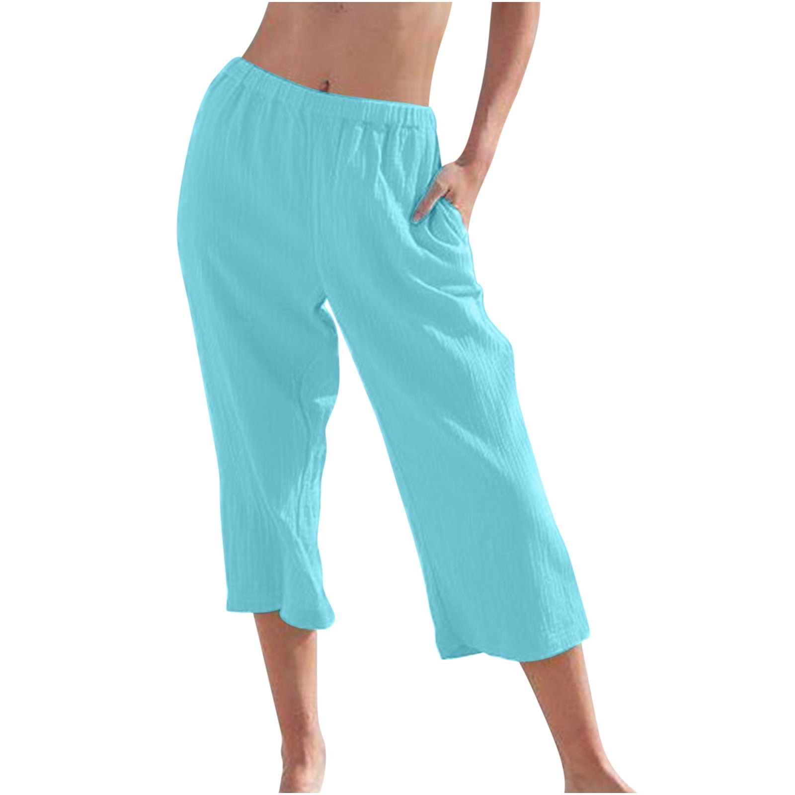DJskiyers Womens Summer Beach Pants Wide Leg Capri Pants Casual Linen ...