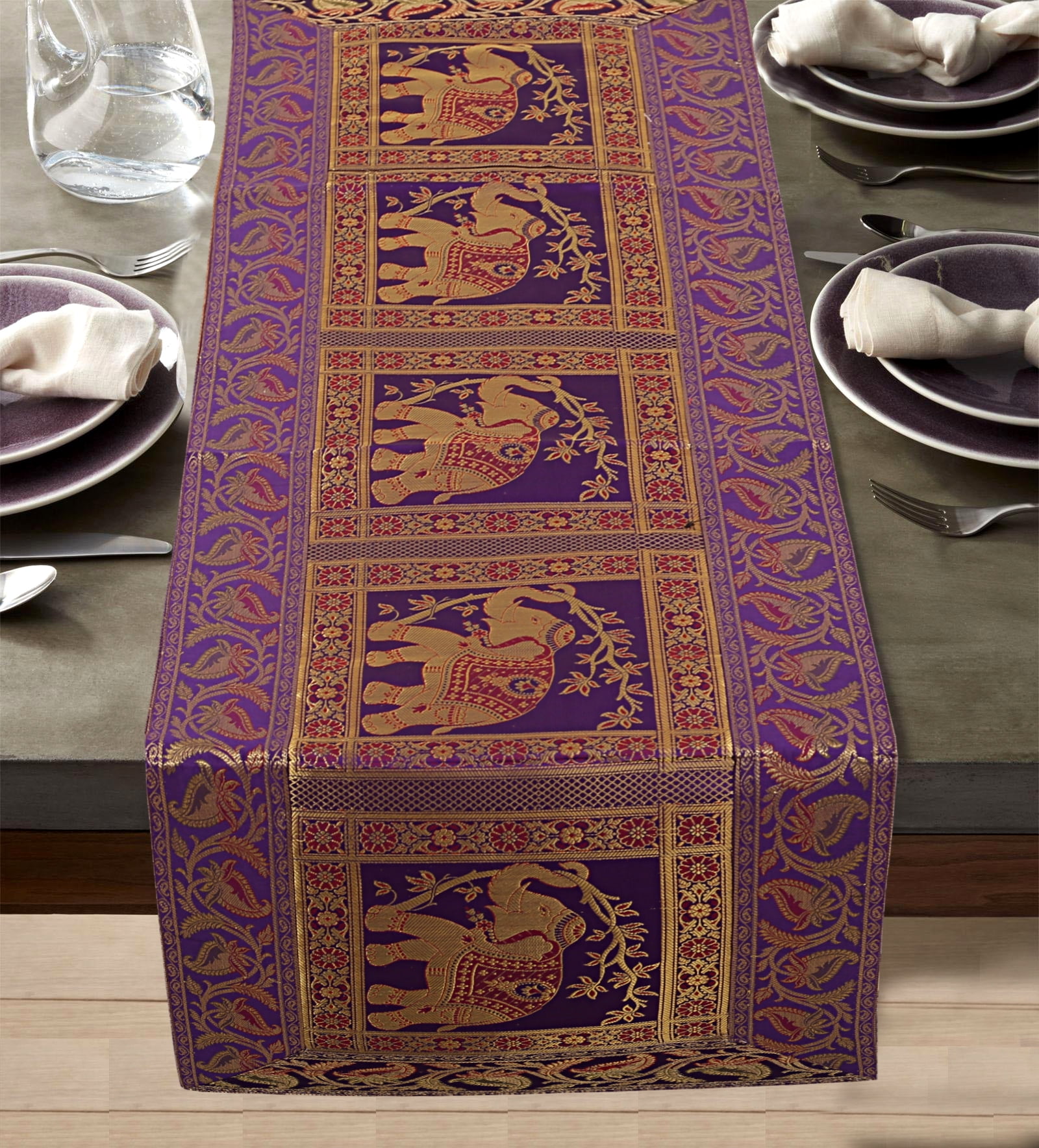 DK Homewares Indian Ethnic Centerpiece Birthday Parties Coffee Table Decor Purple Gold Brocade ...
