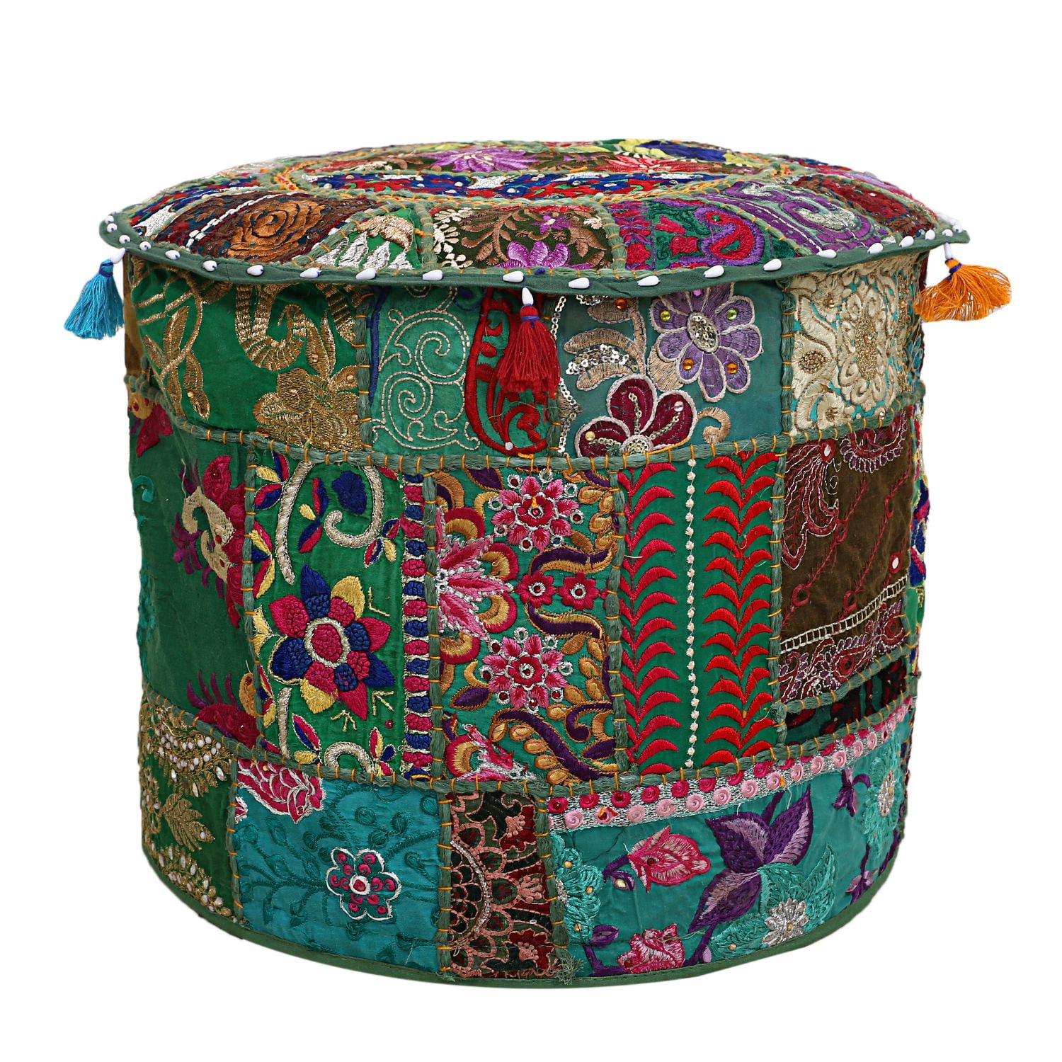 DK Homewares Indian Pouffe Foot Rest Vintage Patchwork Dark Green Round ...