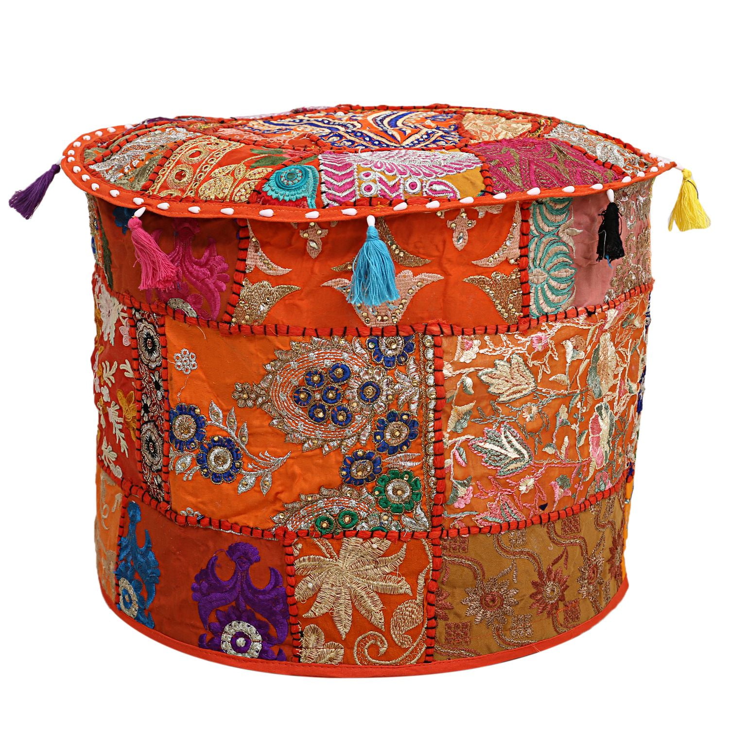 DK Homewares Indian Pouffe Footstool Vintage Patchwork Orange Round ...