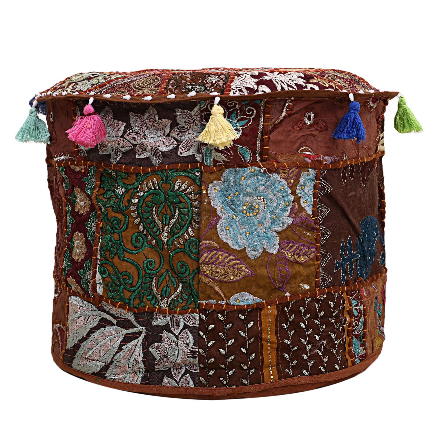 DK Homewares Indian Vintage Patchwork Pouf Chair Seat Dark Brown Round ...