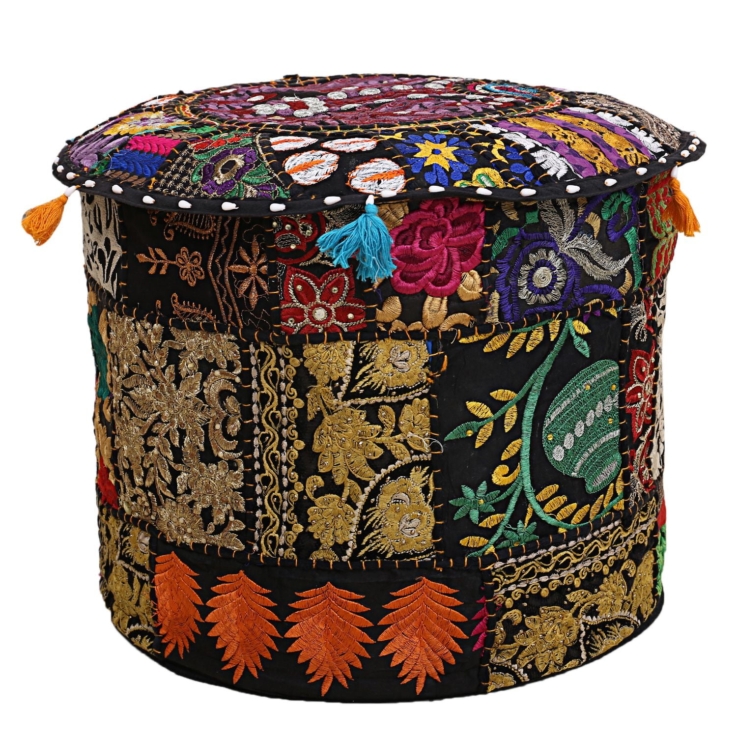 DK Homewares Indian Vintage Patchwork Pouffe Footstool Black Round Foot ...