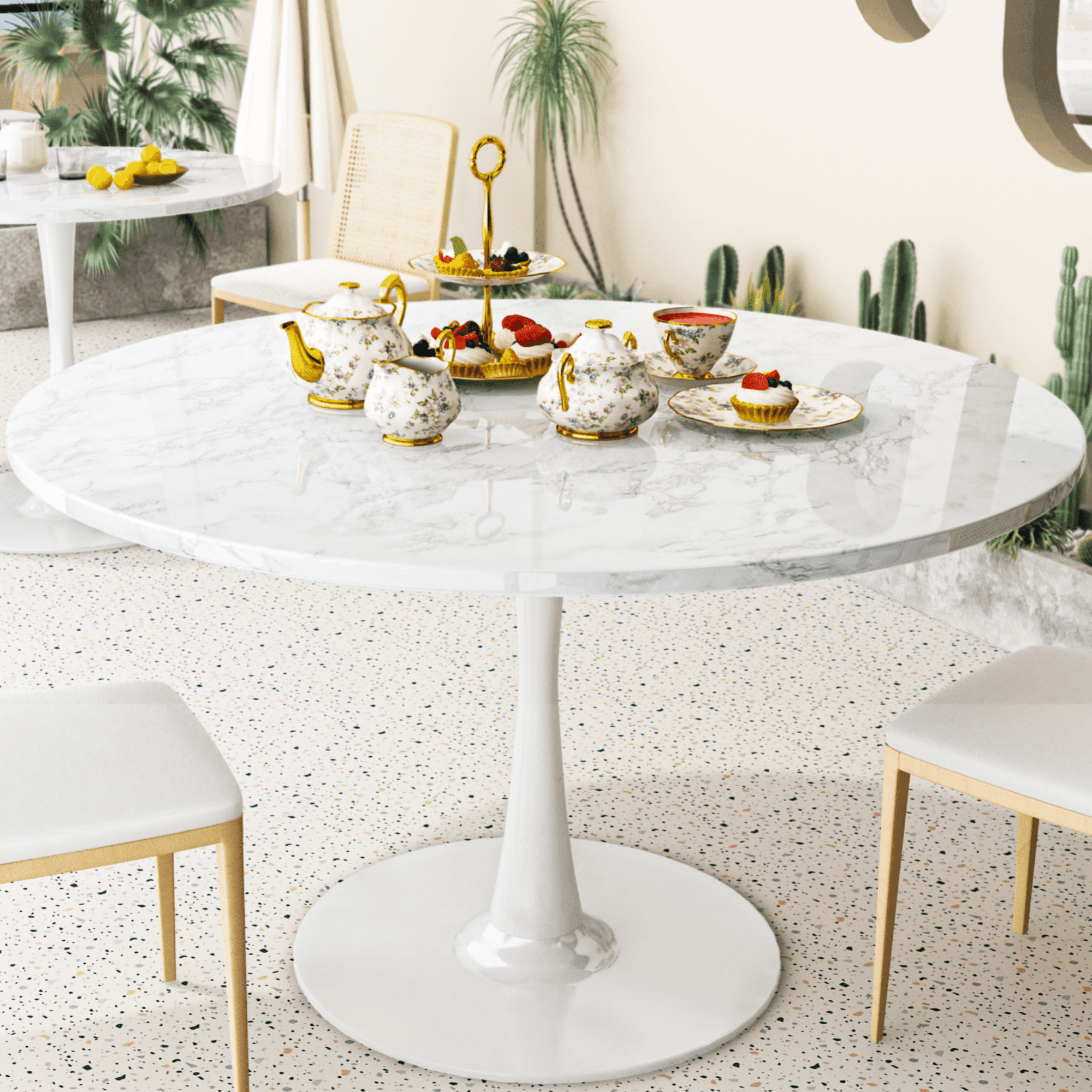 "DKLGG 42"" White Faux Marble Dining Table, Mid-Century Modern Round ...