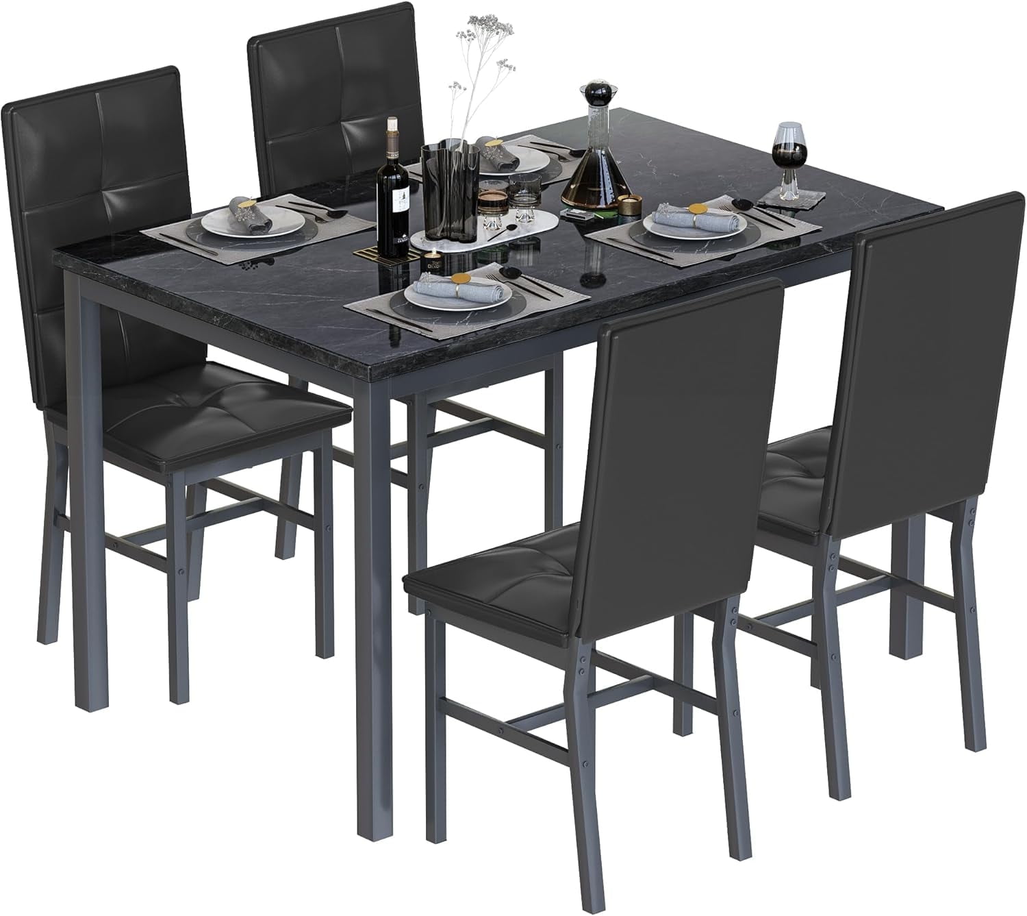 DKLGG Dining Table Set for 4, Modern Faux Marble Tabletop and 4 PU ...