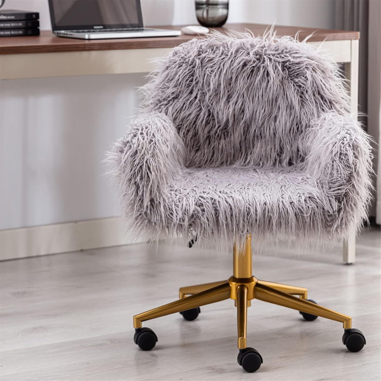 DKLGG Faux Fur Desk Chair, Cute Fluffy Upholstered Padded Seat, Vanity ...