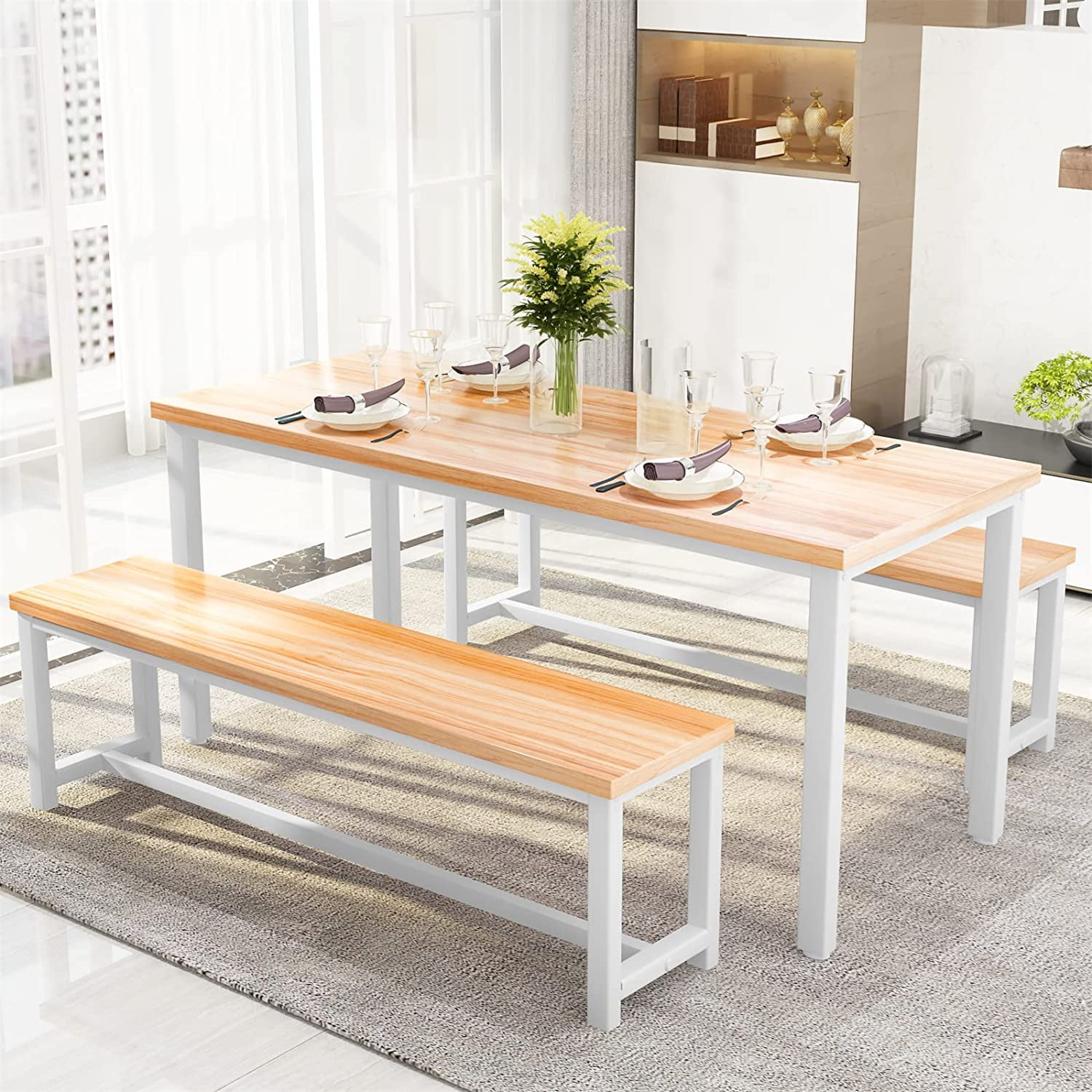 DKLGG Kitchen Table Set with 2 Benches, 47" Breakfast Nook Table Set ...