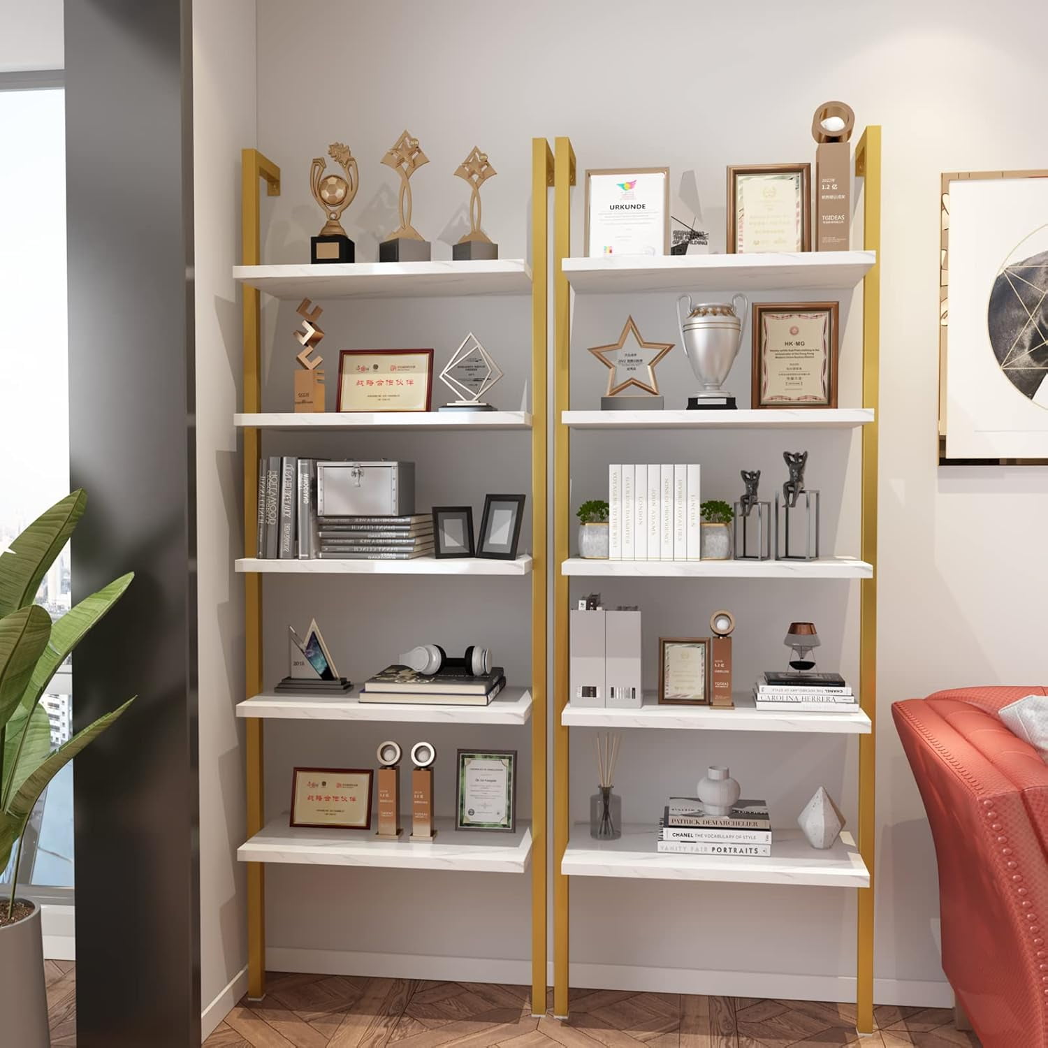 DKLGG Wall Mounted Bookcase, 2 Pcs Industrial Ladder Bookshelf, 5-Tier ...