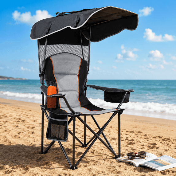 DKMOCO Camping Chair with Canopy, Outdoor Folding Chair with Adjustable ...