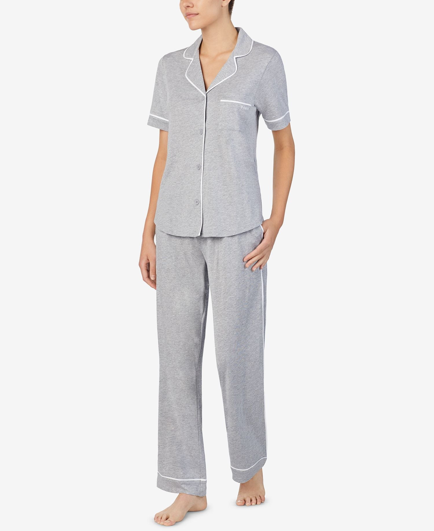 DKNY Logo Contrast-Trim Knit Pajama Set, Grey Heather, Size Small ...
