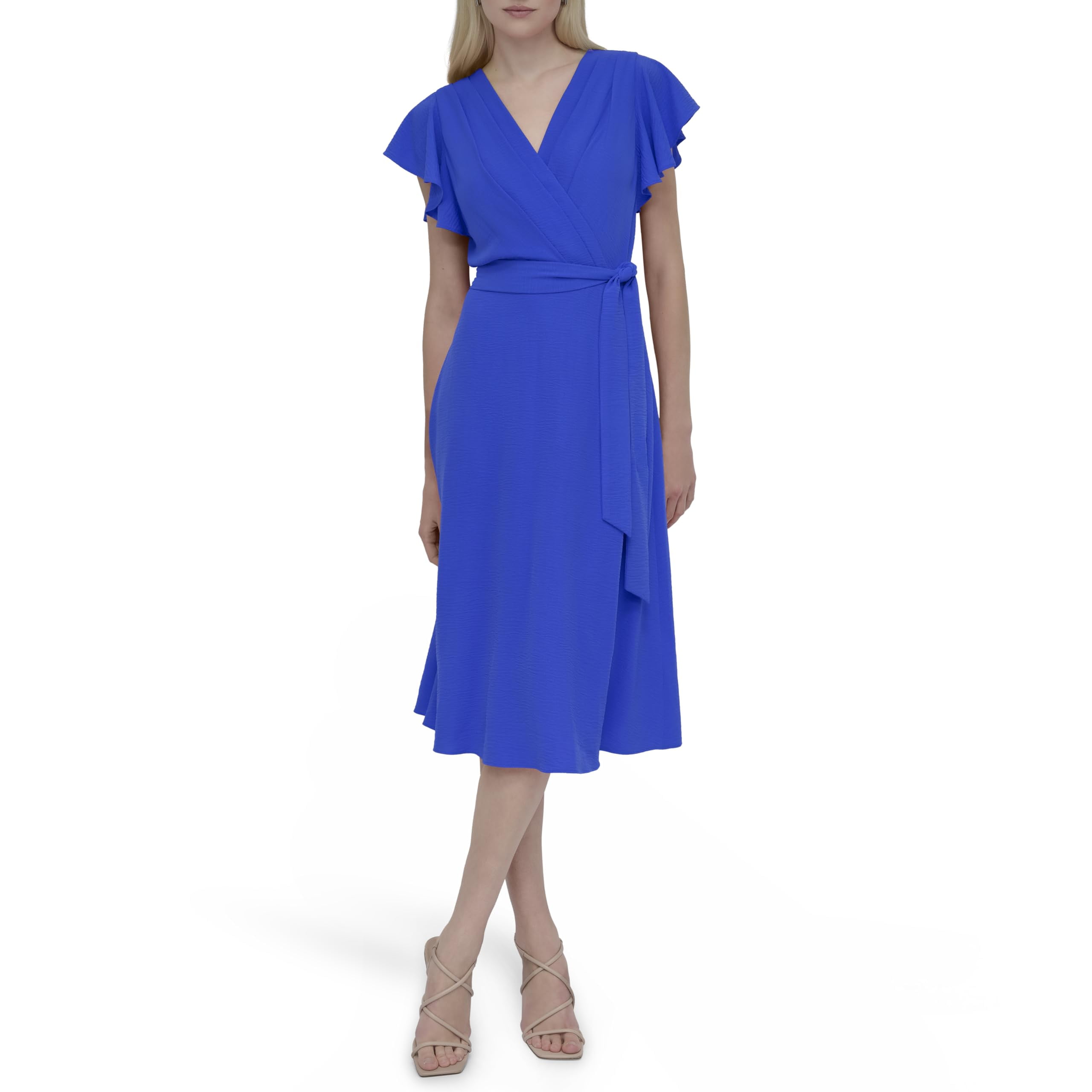 DKNY Women's Flutter Sleeve Tie Fit and Flare Midi Dress, Cosmic Blue ...