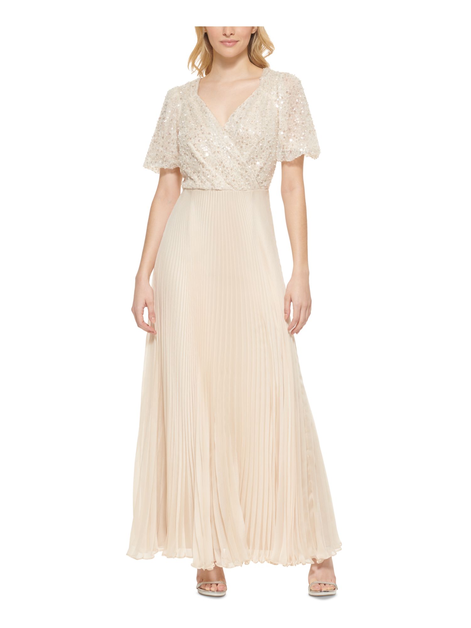 DKNY Womens Beige Embellished Zippered Pleated Lined Sheer Pouf Sleeve ...
