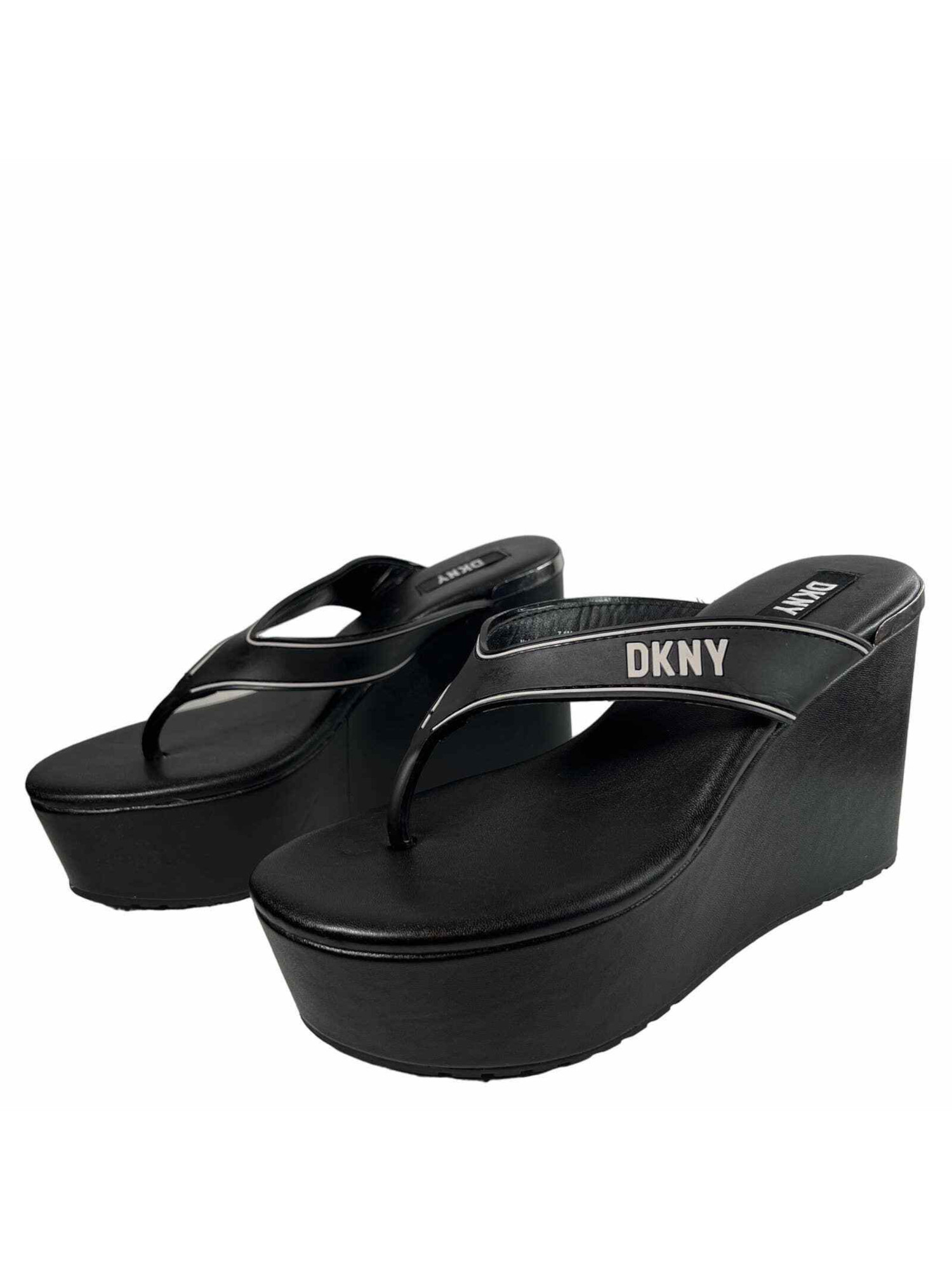 DKNY Womens Black 2" Platform Comfort Logo Trina Round Toe Wedge Slip On Thong Sandals Shoes 6 M ...