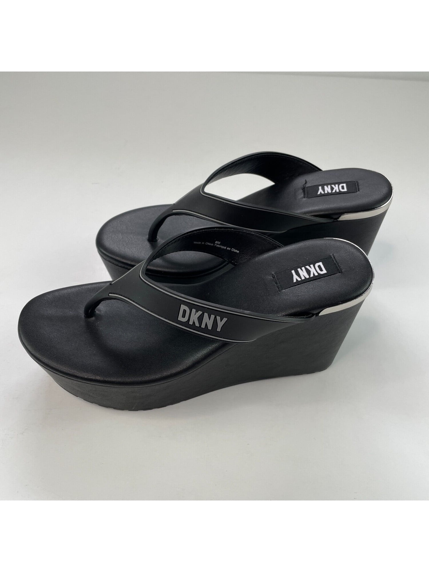 DKNY Womens Black 2" Platform Comfort Logo Trina Round Toe Wedge Slip On Thong Sandals Shoes 8 M ...