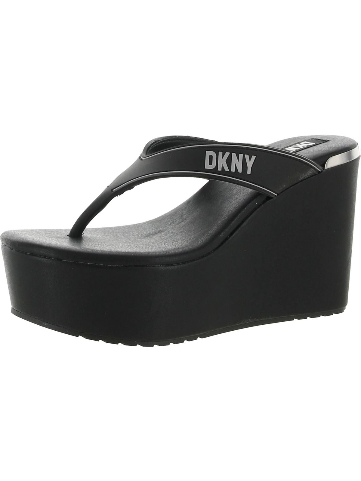 DKNY Womens Black 2" Platform Comfort Logo Trina Round Toe Wedge Slip On Thong Sandals Shoes 9 M ...