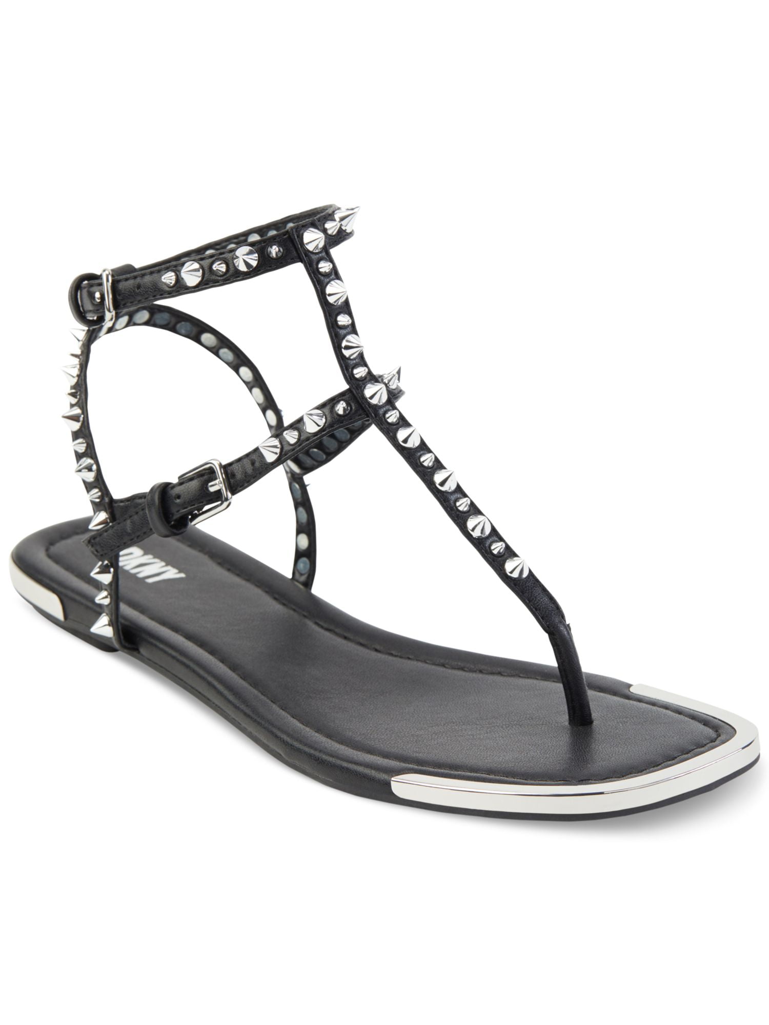 DKNY Womens Black Studded Metallic Adjustable Strap Ankle Strap Hadi Round Toe Block Heel Buckle ...