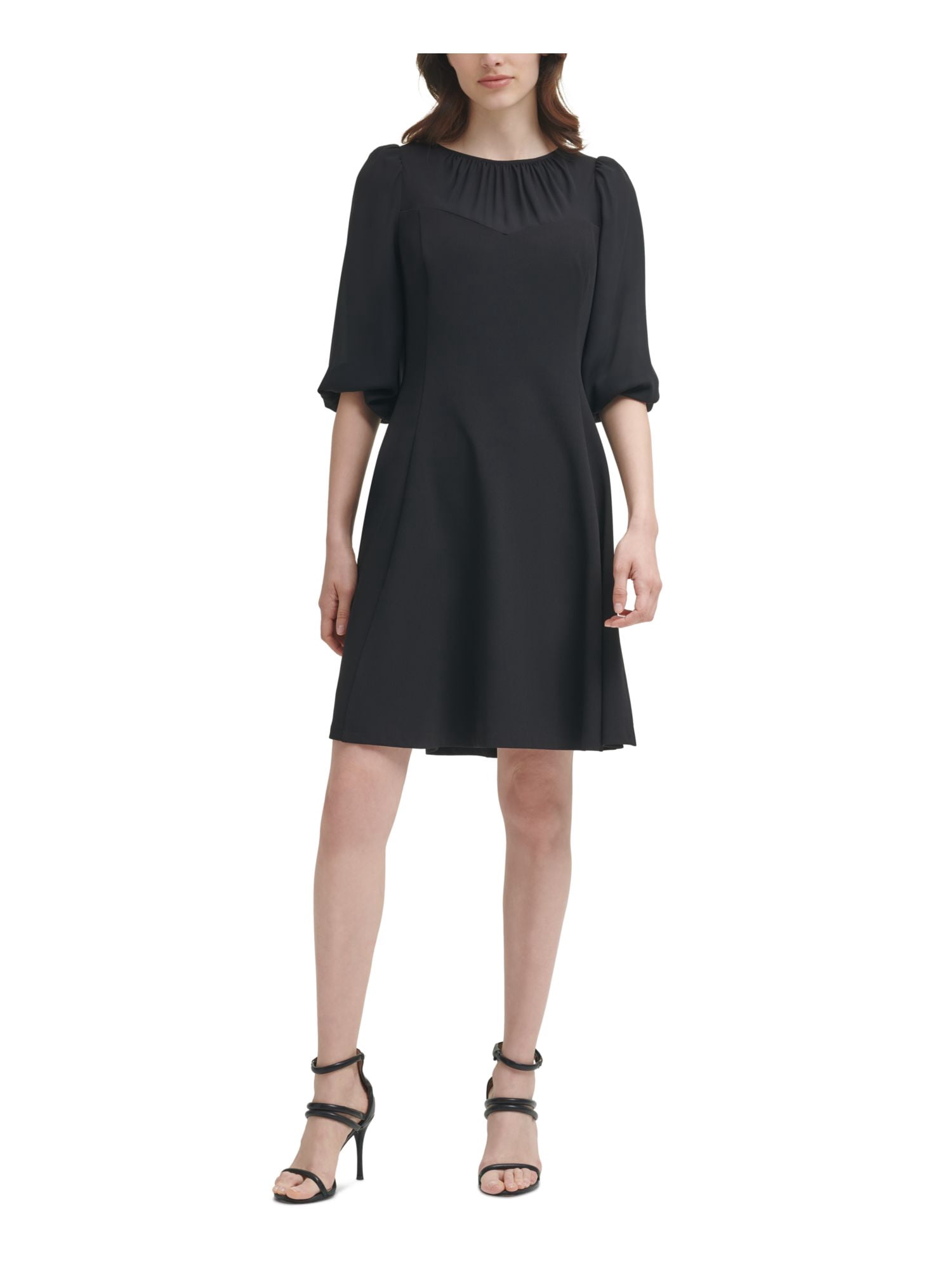 DKNY Womens Black Zippered Sheer Keyhole Back Unlined Pouf Sleeve Round ...