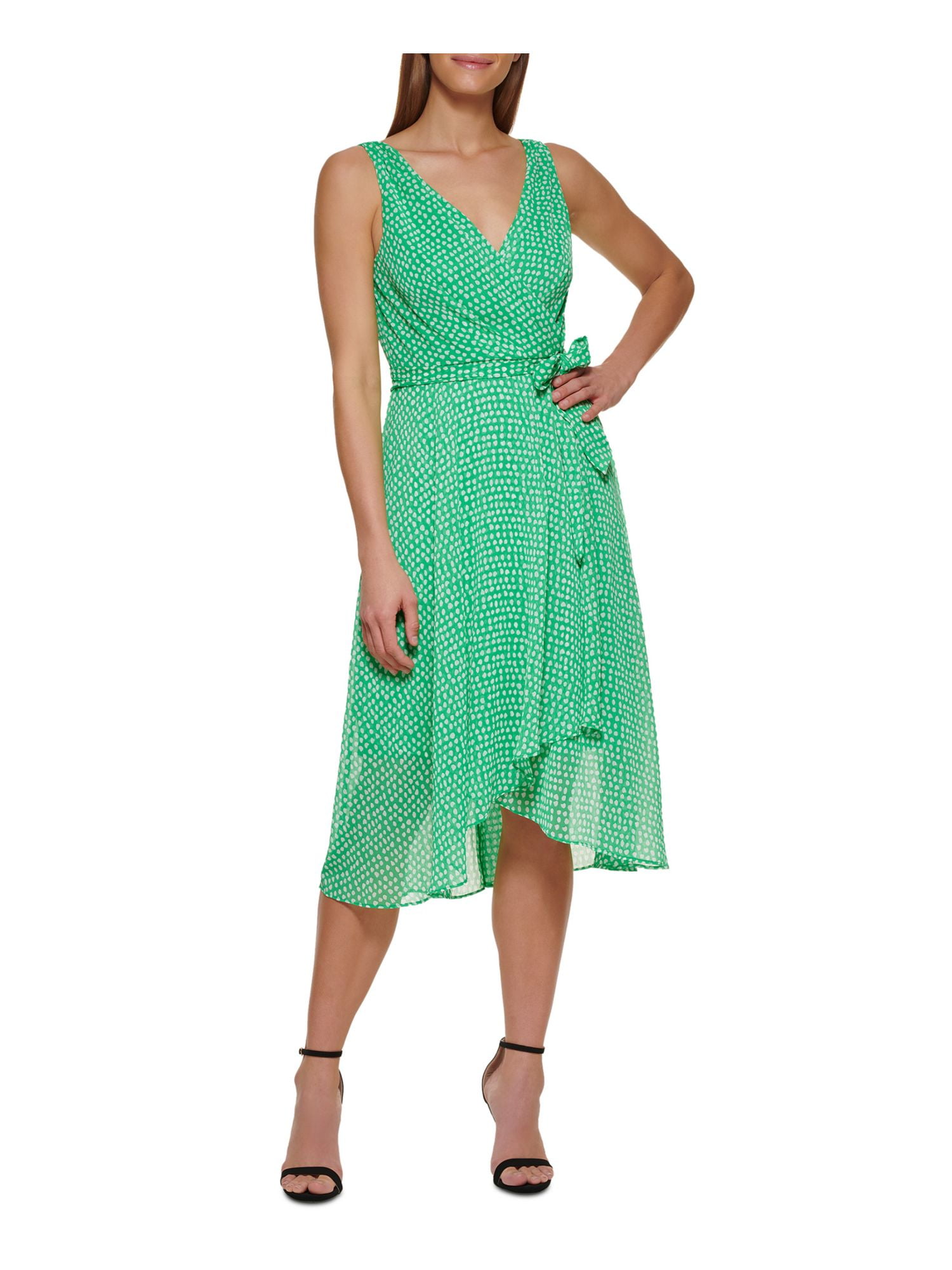 Dkny Womens Green Zippered Sheer V Back Tie Belt Lined Polka Dot