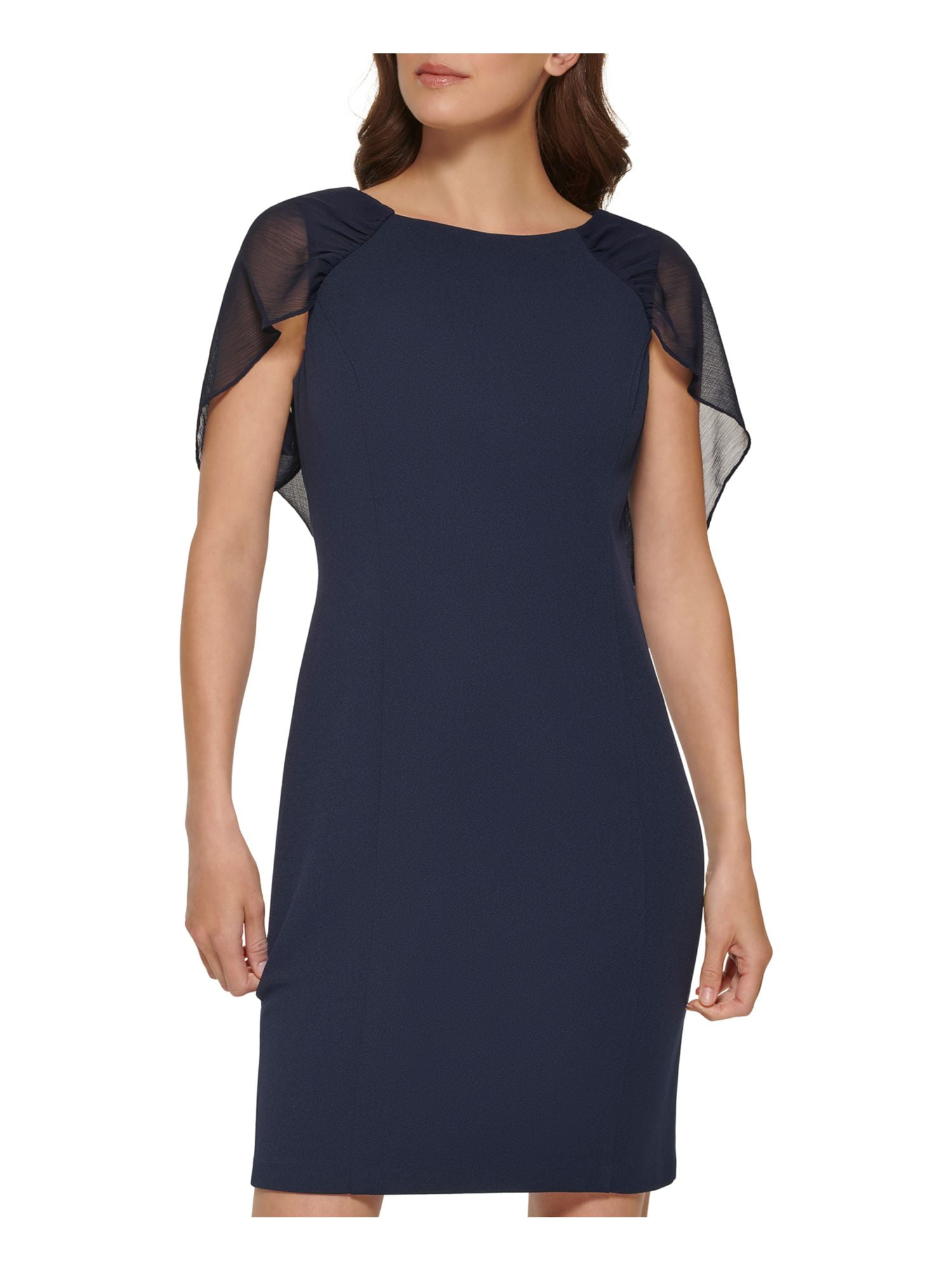 DKNY Womens Navy Zippered Sheer Capelet Lined Flutter Sleeve Crew Neck ...