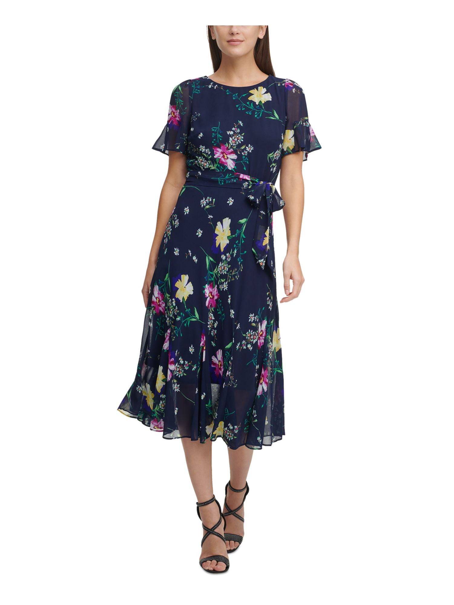 Dkny Womens Navy Zippered Sheer Tie Belt Lined Floral Flutter Sleeve