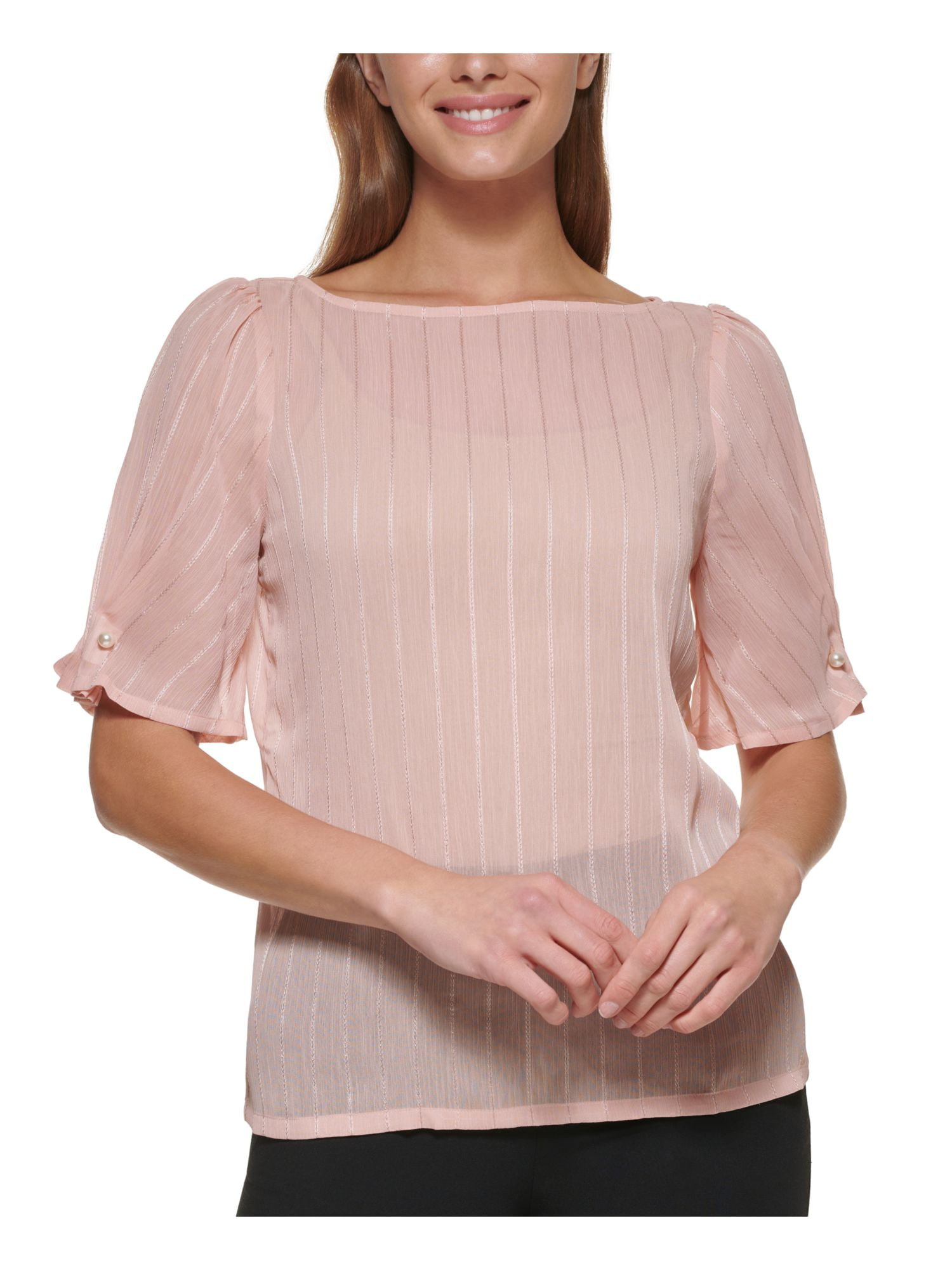 DKNY Womens Pink Pleated Sheer Pullover Pearl Button Cuffs Elbow Sleeve ...